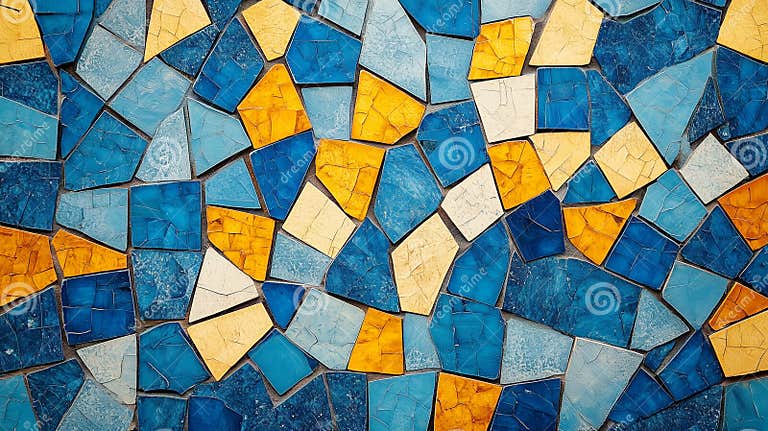 Modern Blue and Yellow Tile Mosaic with Angular Patterns and Geometric ...