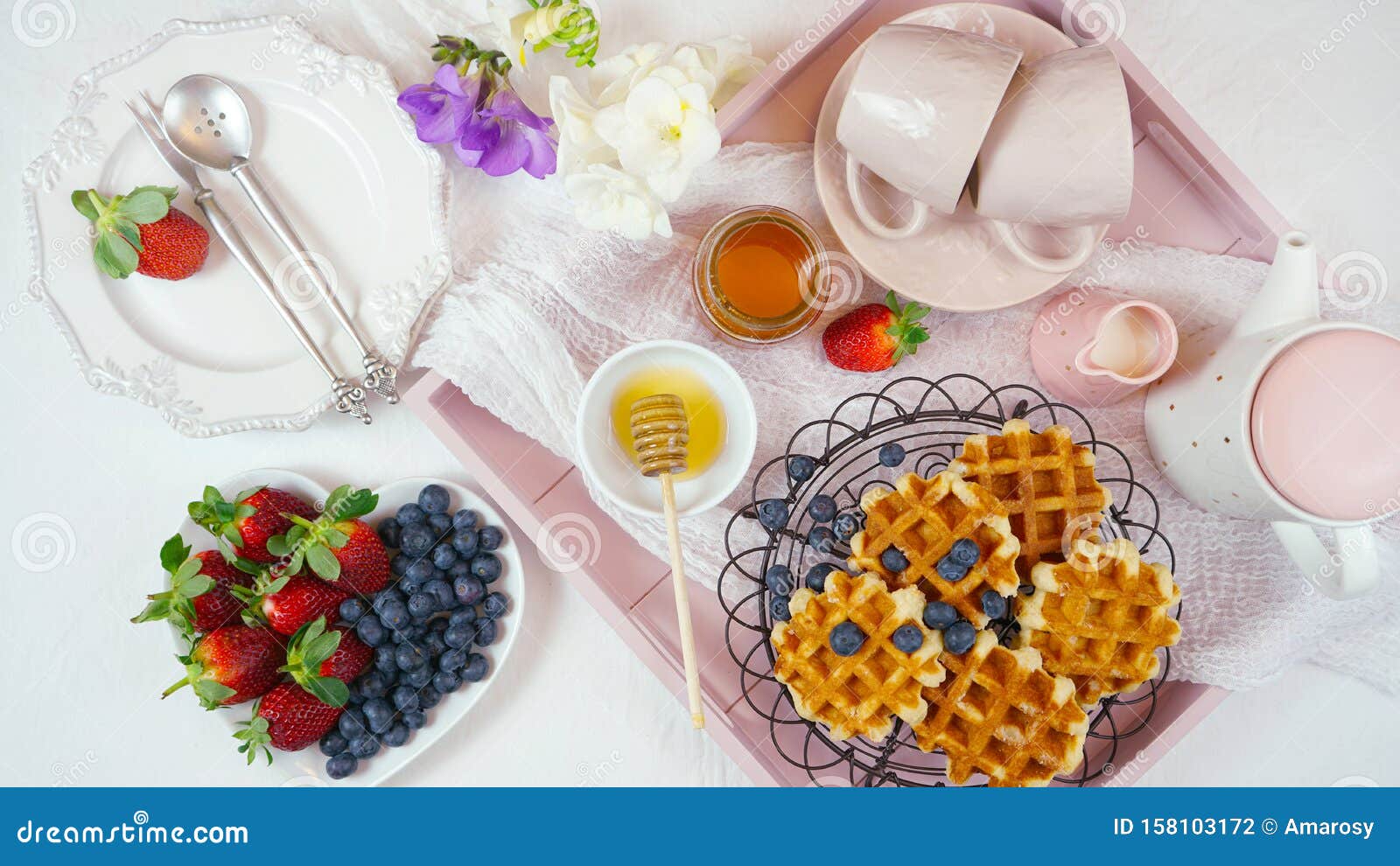 Breakfast Tray with Waffles, Honey and Fruit. Stock Photo - Image of ...