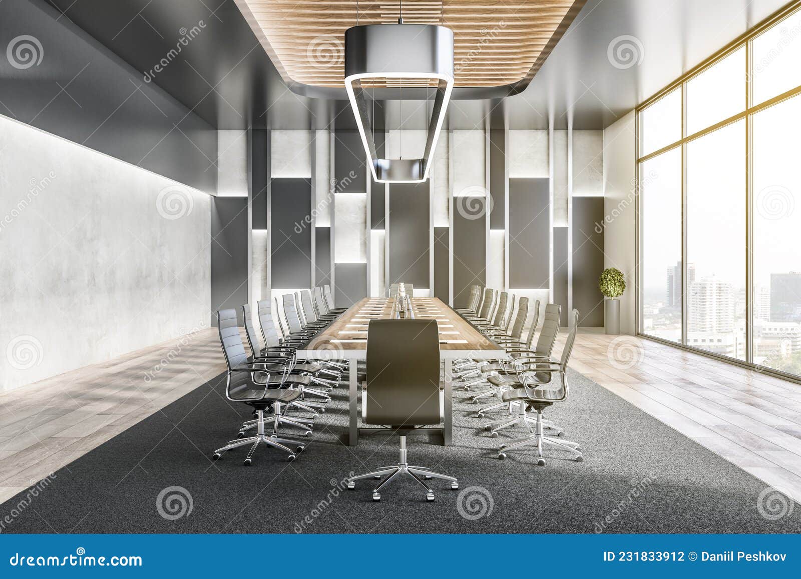 Modern Boarding Room Interior with Windows and City View, Table and ...
