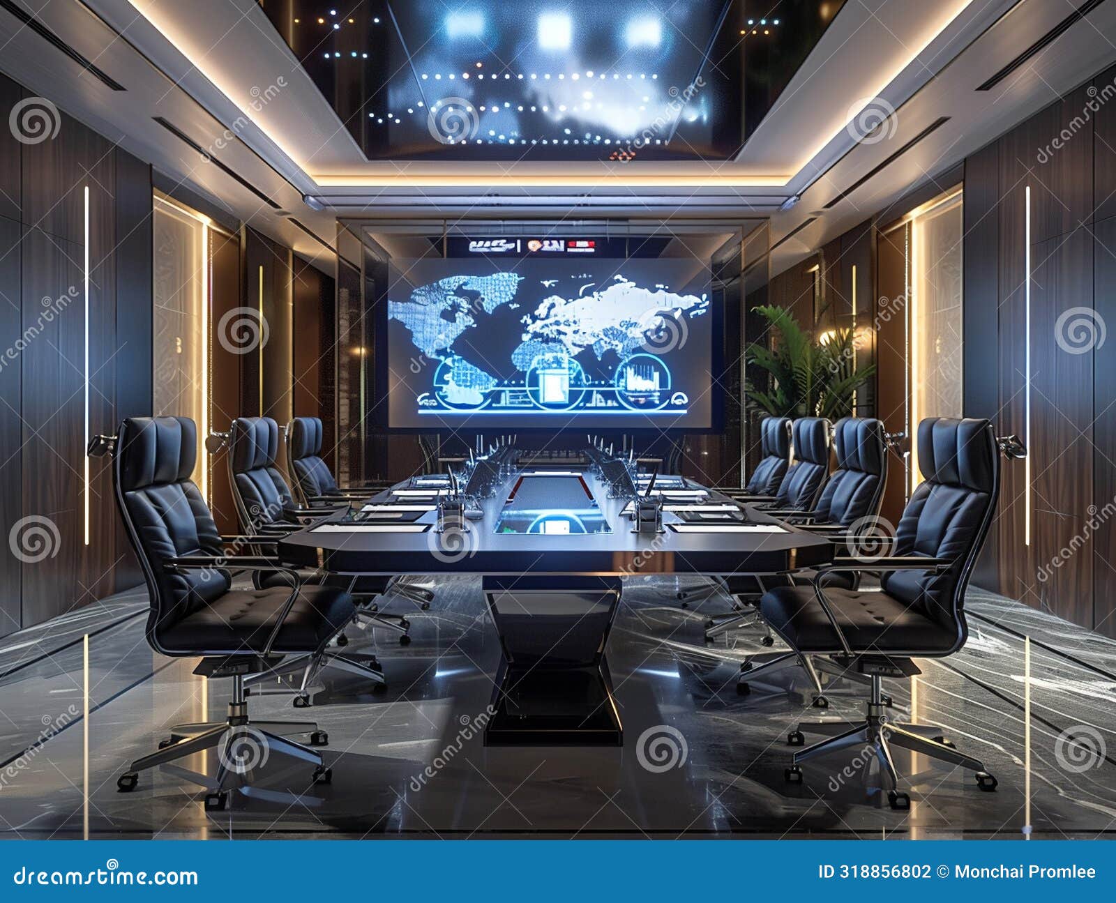 Modern Boardroom with a Large Screen Showing Global Data, Leather ...