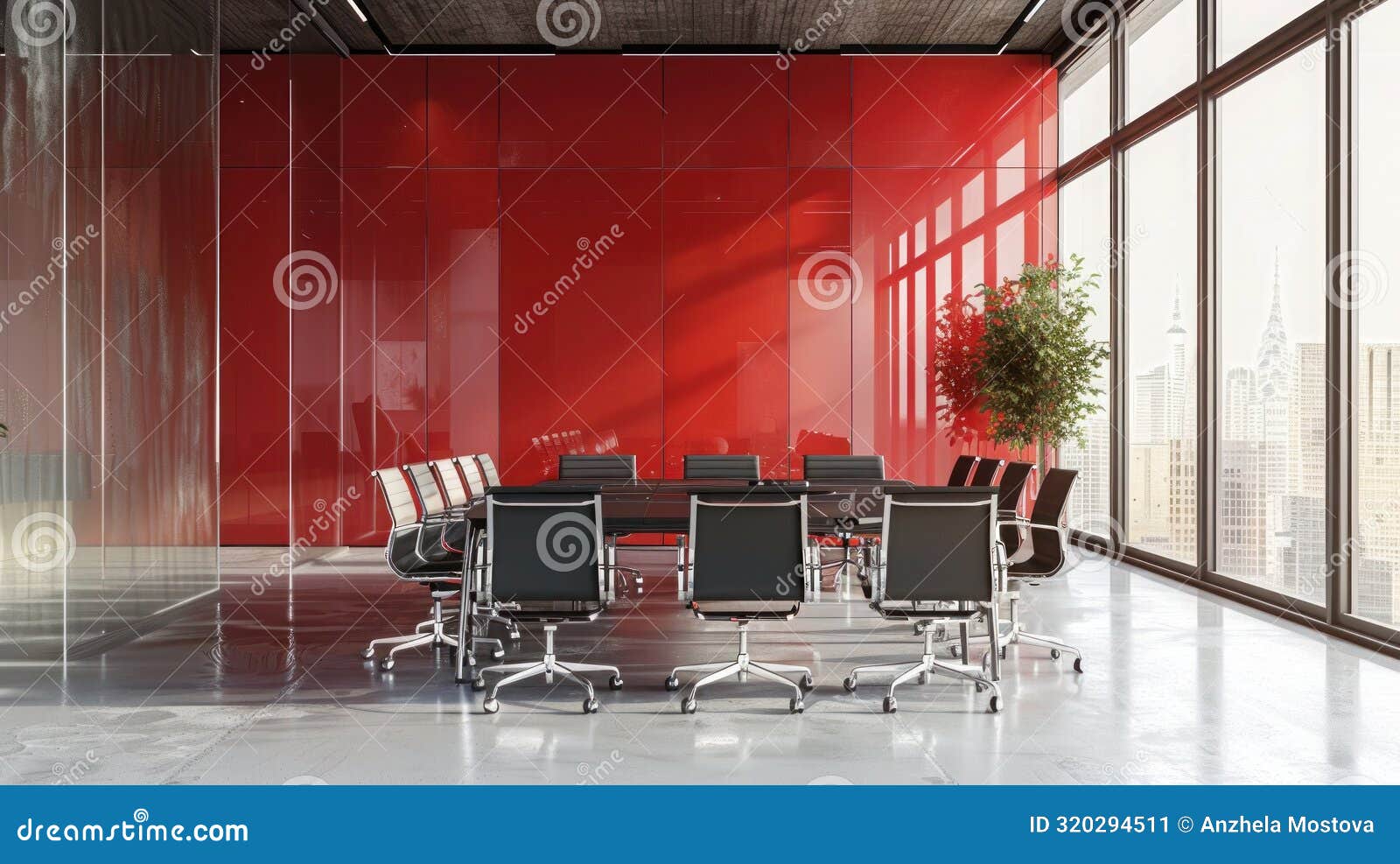 Modern Boardroom with Table, Comfortable Chairs and Red Feature Wall ...