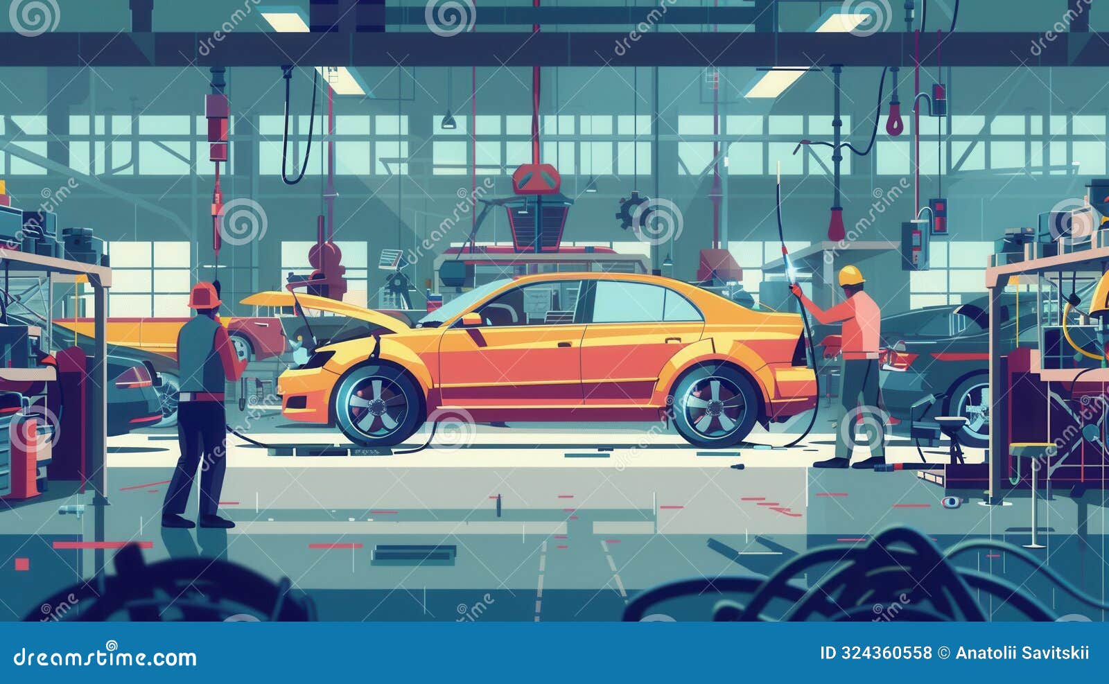 A Modern Body Shop with Two Workers Assembling a Yellow Car. Generative ...
