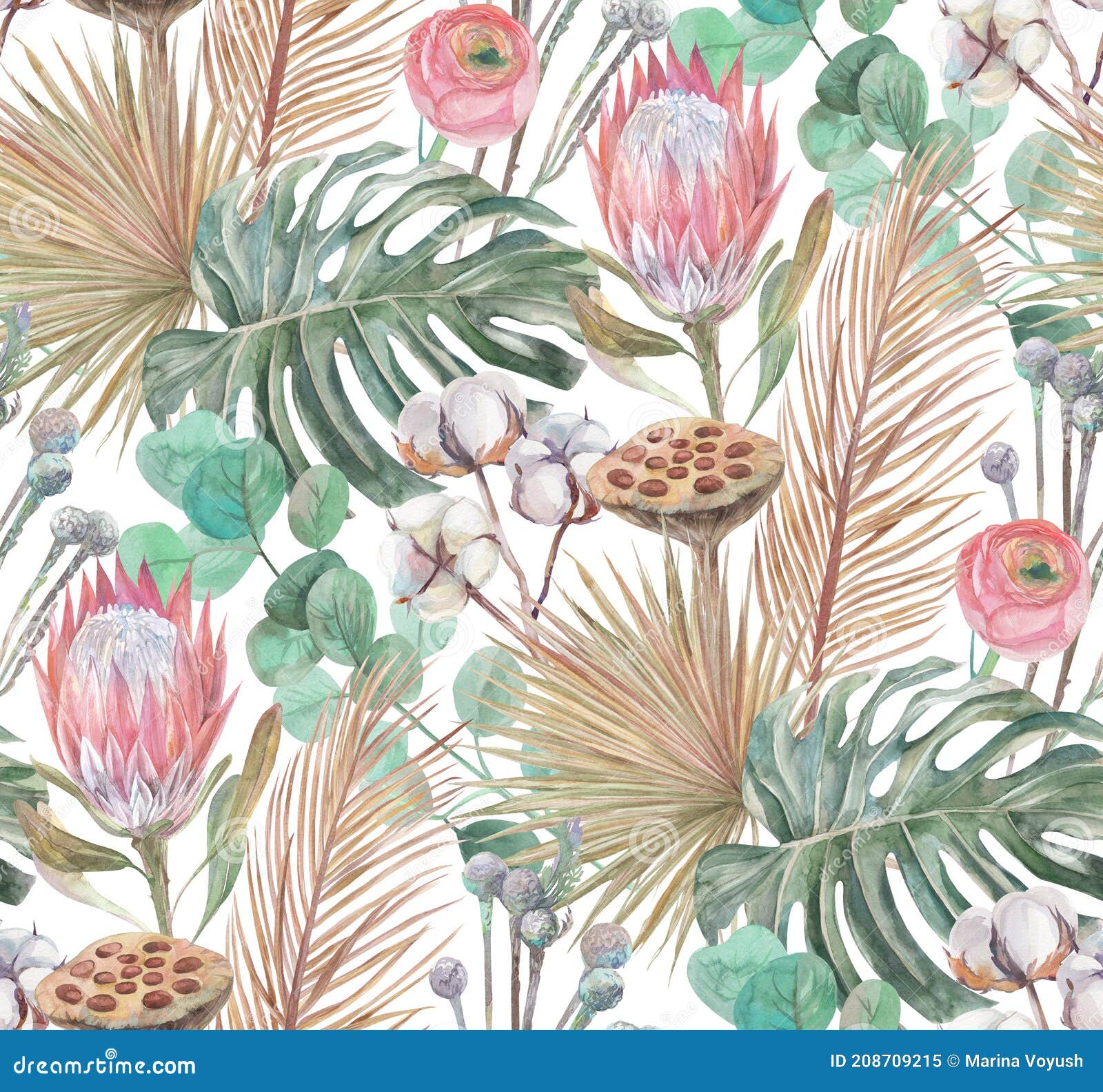 Modern Boho Style Pattern Tropical Dried Flowers and a Proteus Flower ...