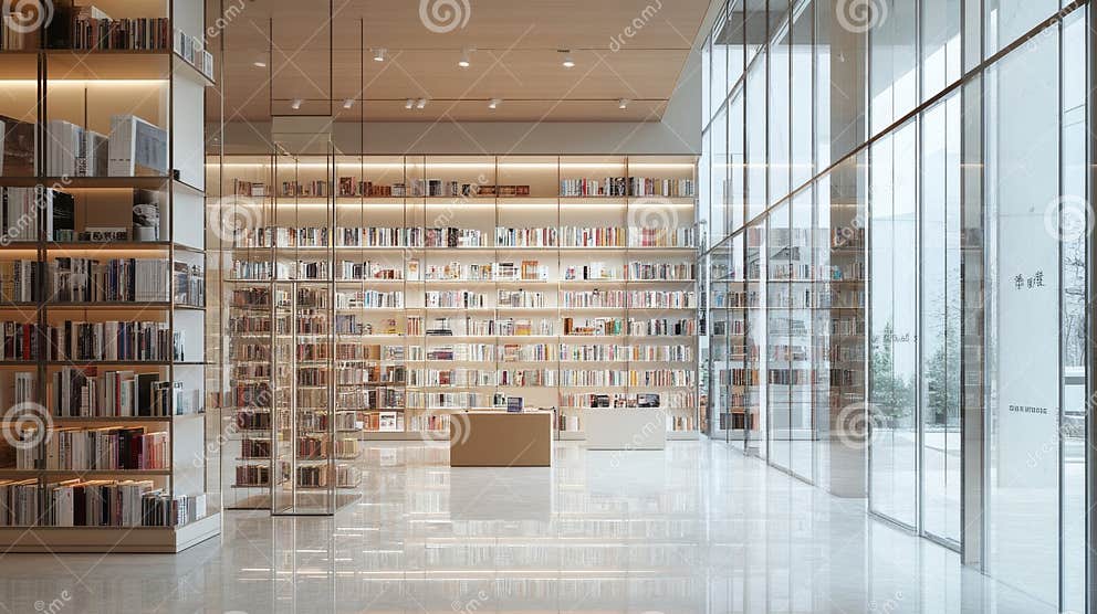 Modern Bookstore Interior with Glass Walls and Bookcases Stock ...