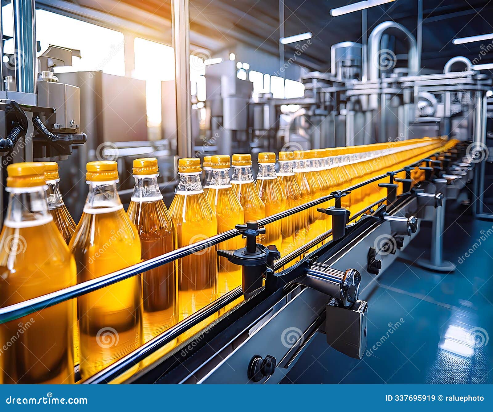 A Modern Bottling Line with Yellowish Beverage Bottles Stock ...