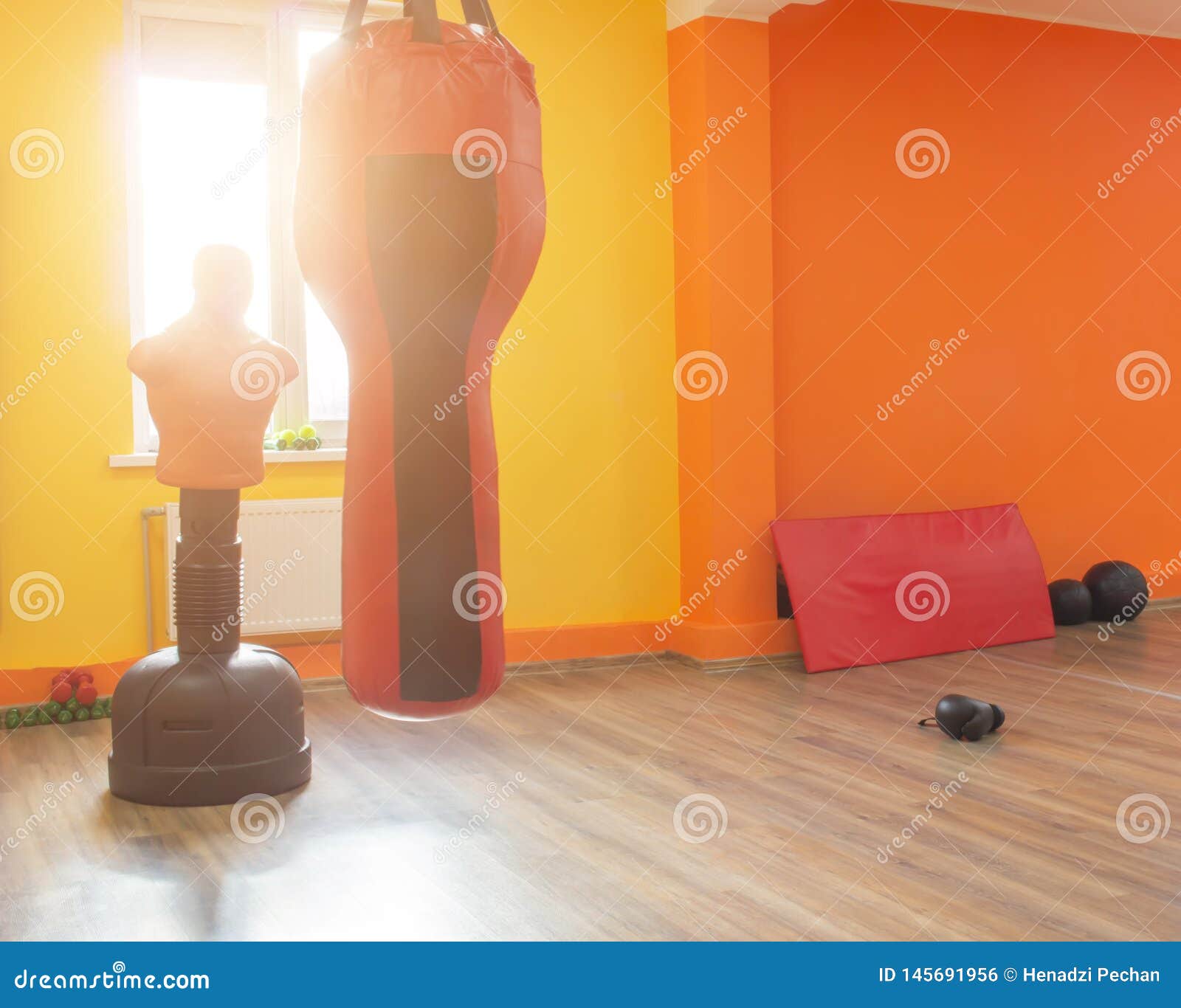 Modern Boxing Room with Sun in the Window, Copy Space, Orange, Dummy ...