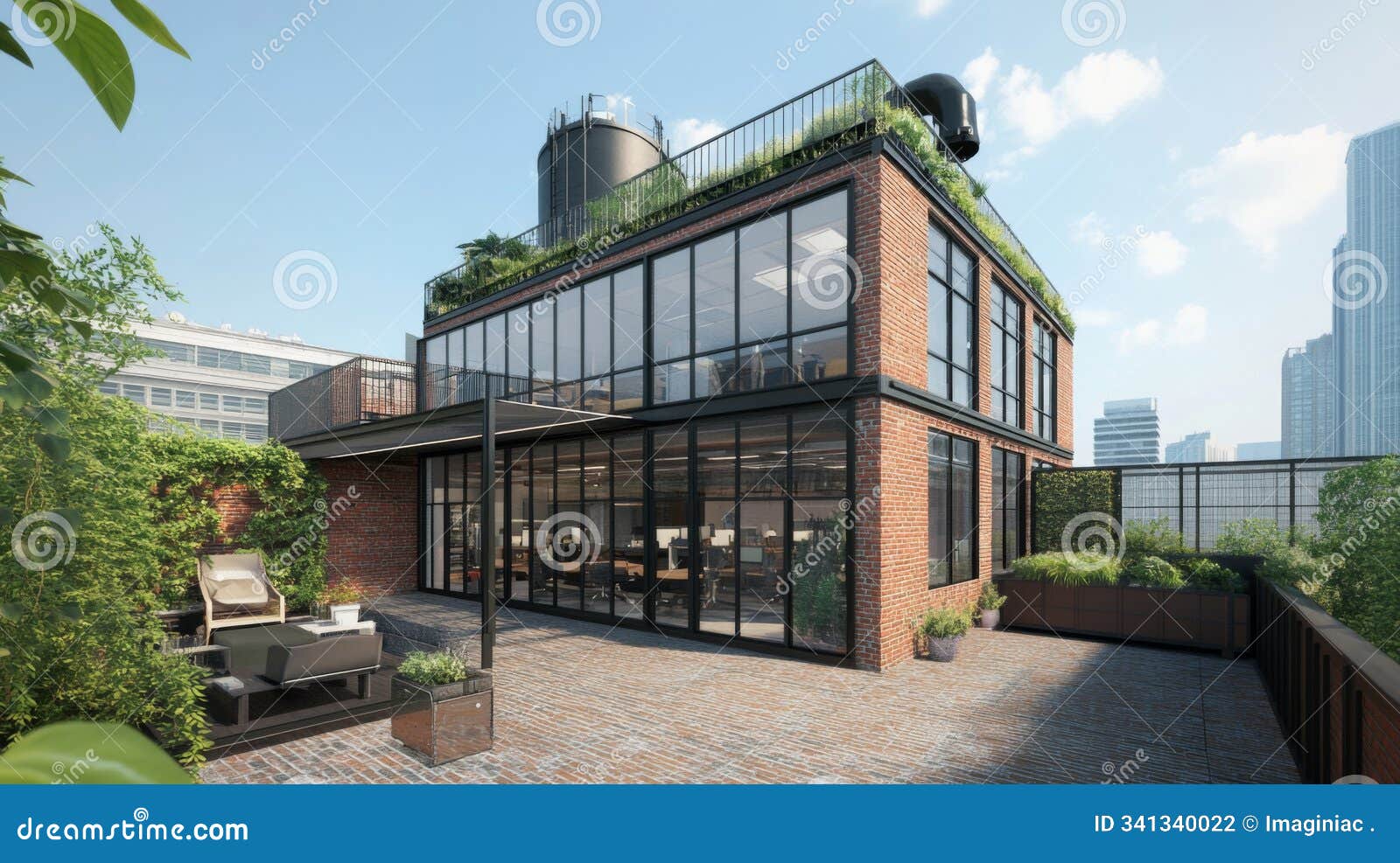 Modern Brick Building with Rooftop Patio and City Views Stock ...