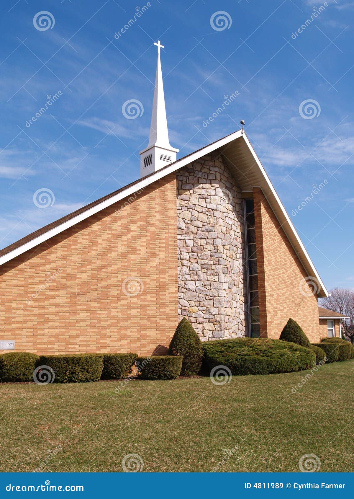 Modern Brick Church with White Steeple Stock Image - Image of christian ...