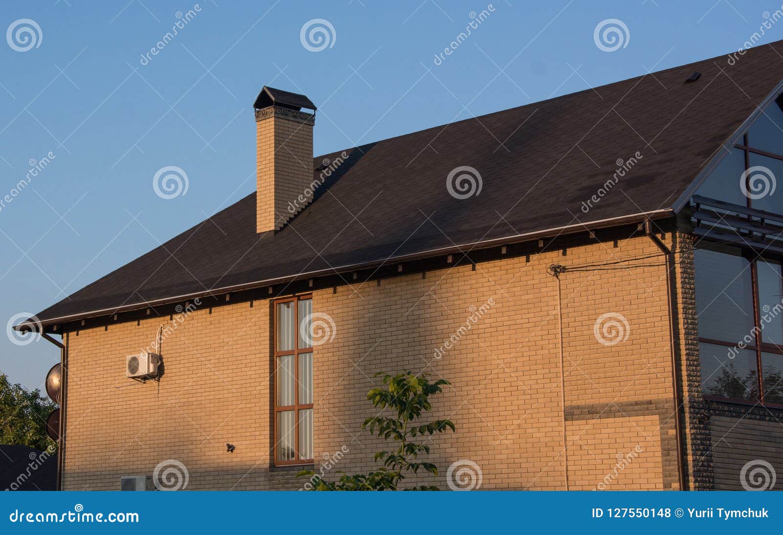 Modern Brick House with Rectangular Window and Air-conditioner, Chimney ...