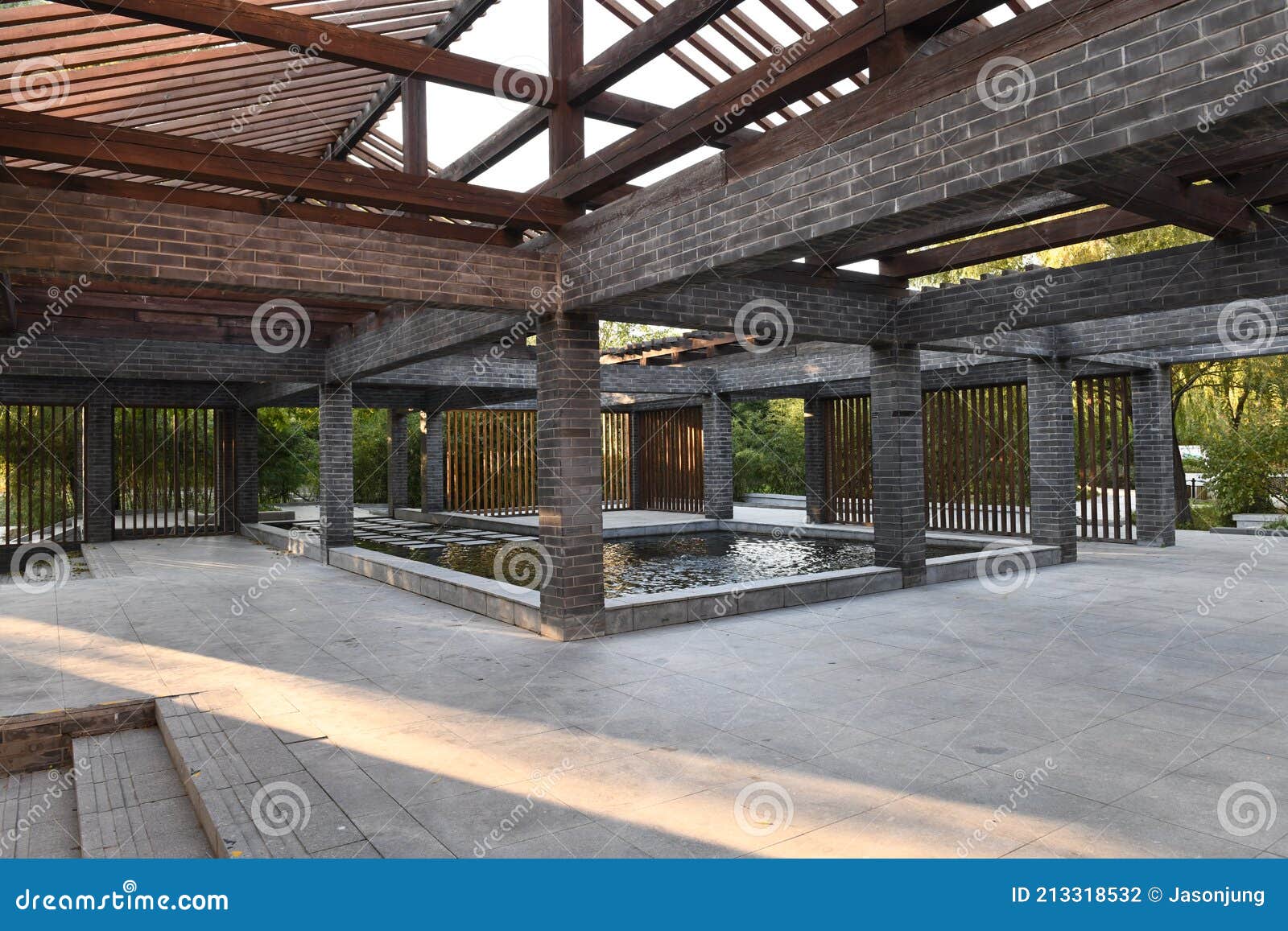 Modern Brick Building with Water Flow Stock Photo - Image of rail, path ...