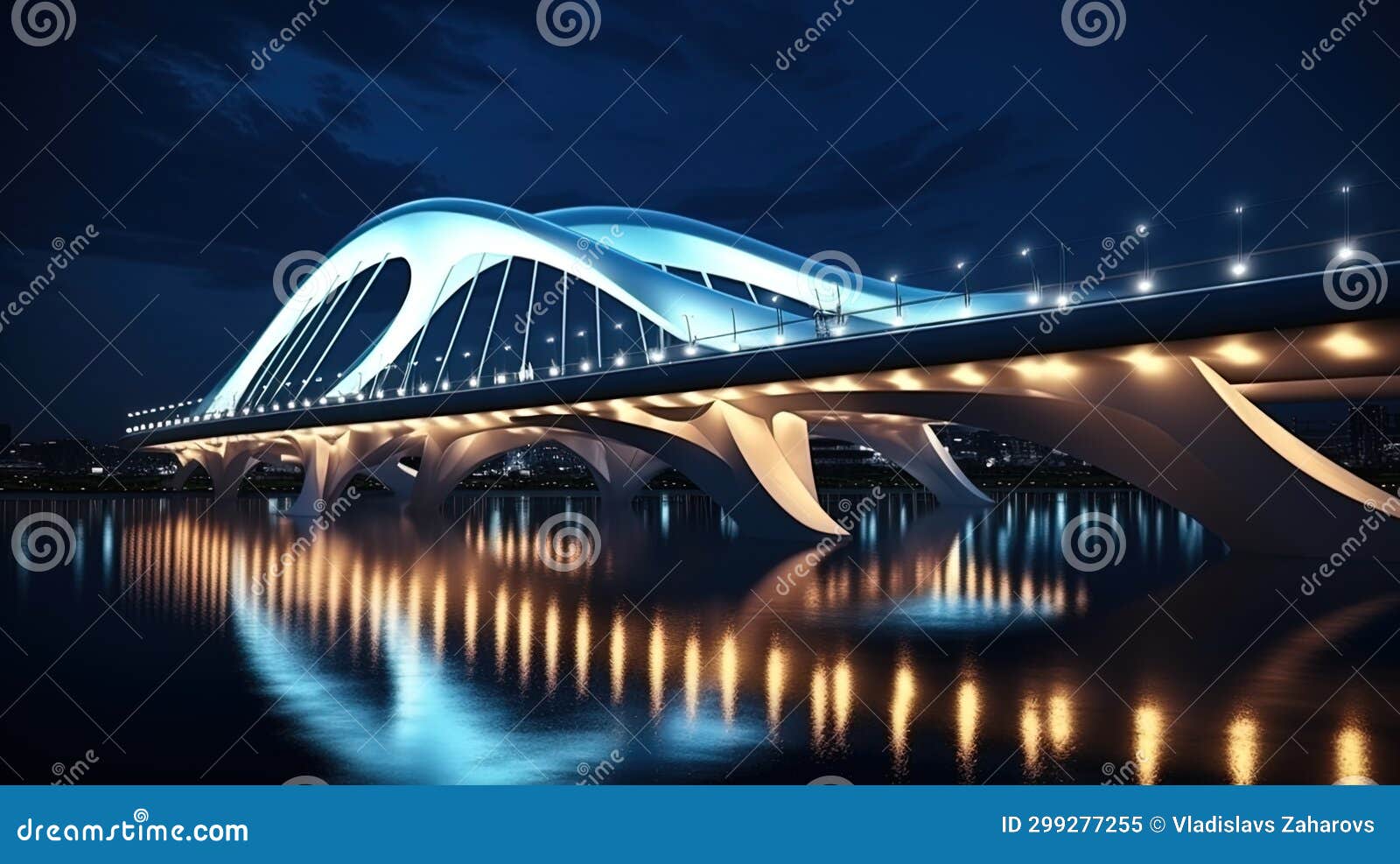 A Modern Bridge Glowing in the Night Stock Illustration - Illustration ...