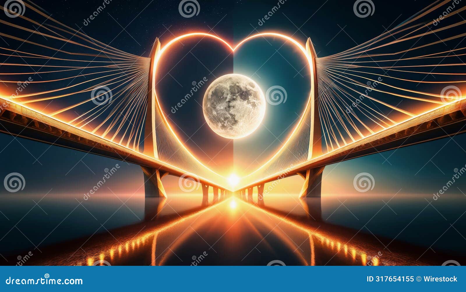 Modern Bridge with Illuminated Cables Forming a Heart Shape Around a ...