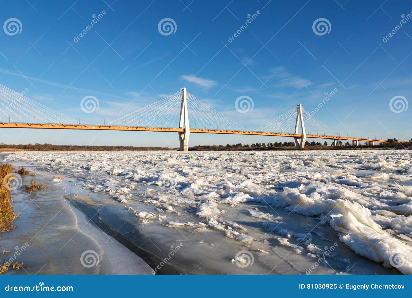 Modern Bridge Over the Frozen River Stock Image - Image of freezing ...