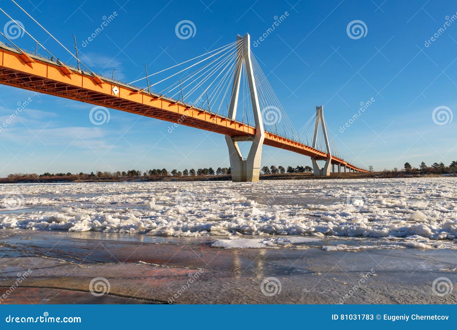 Modern Bridge Over the Frozen River Stock Image - Image of glacial ...