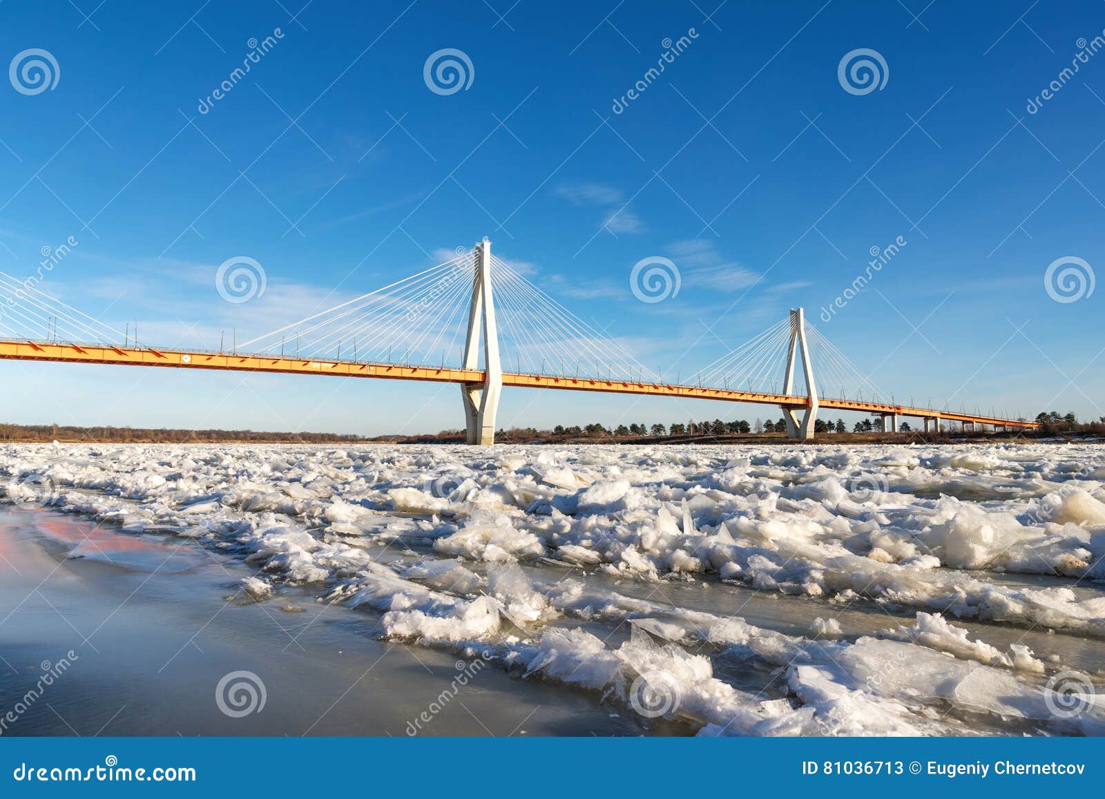 Modern Bridge Over the Frozen River Stock Image - Image of liquid ...