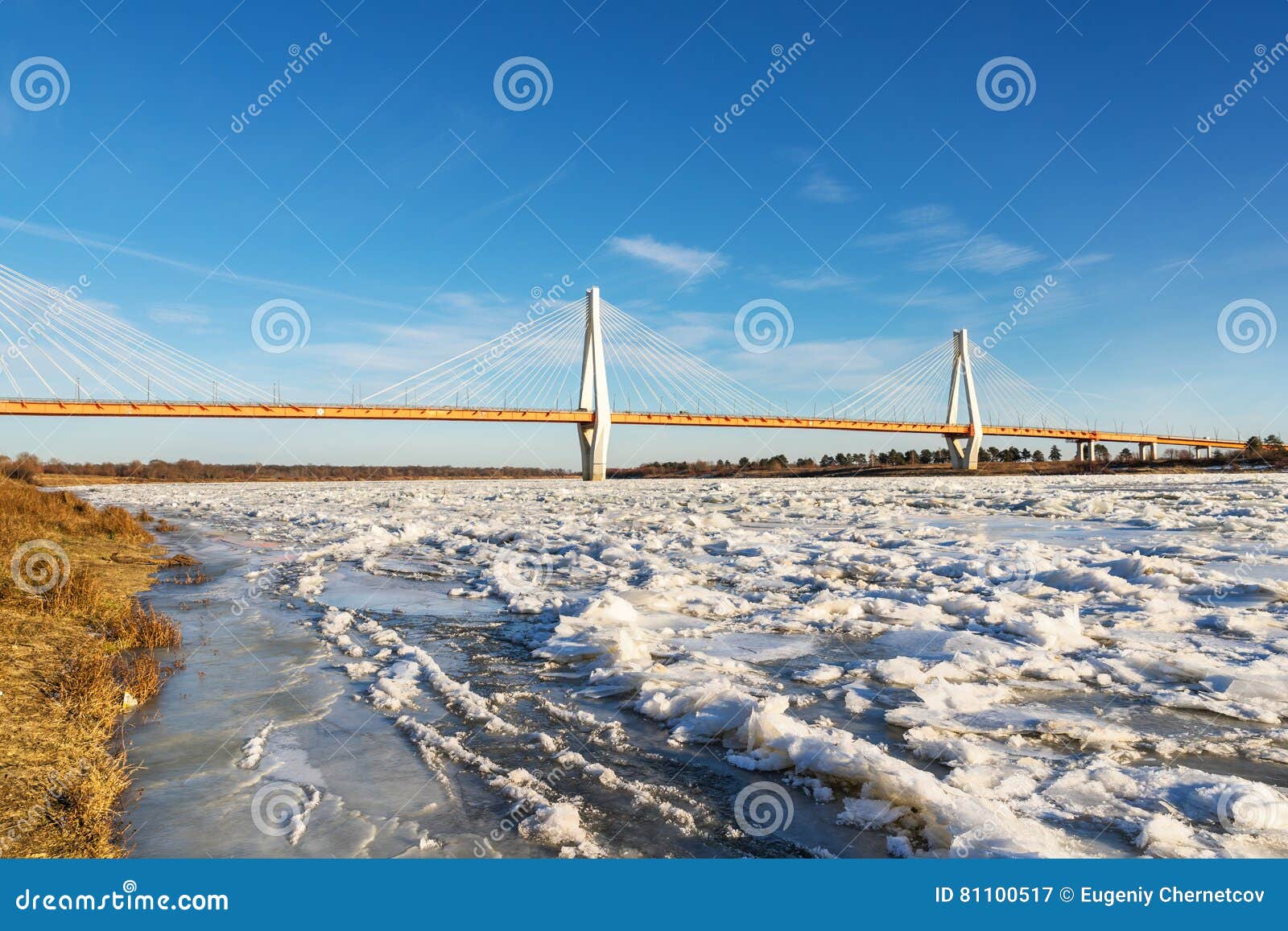 Modern Bridge Over the Frozen River Stock Image - Image of snow, freeze ...