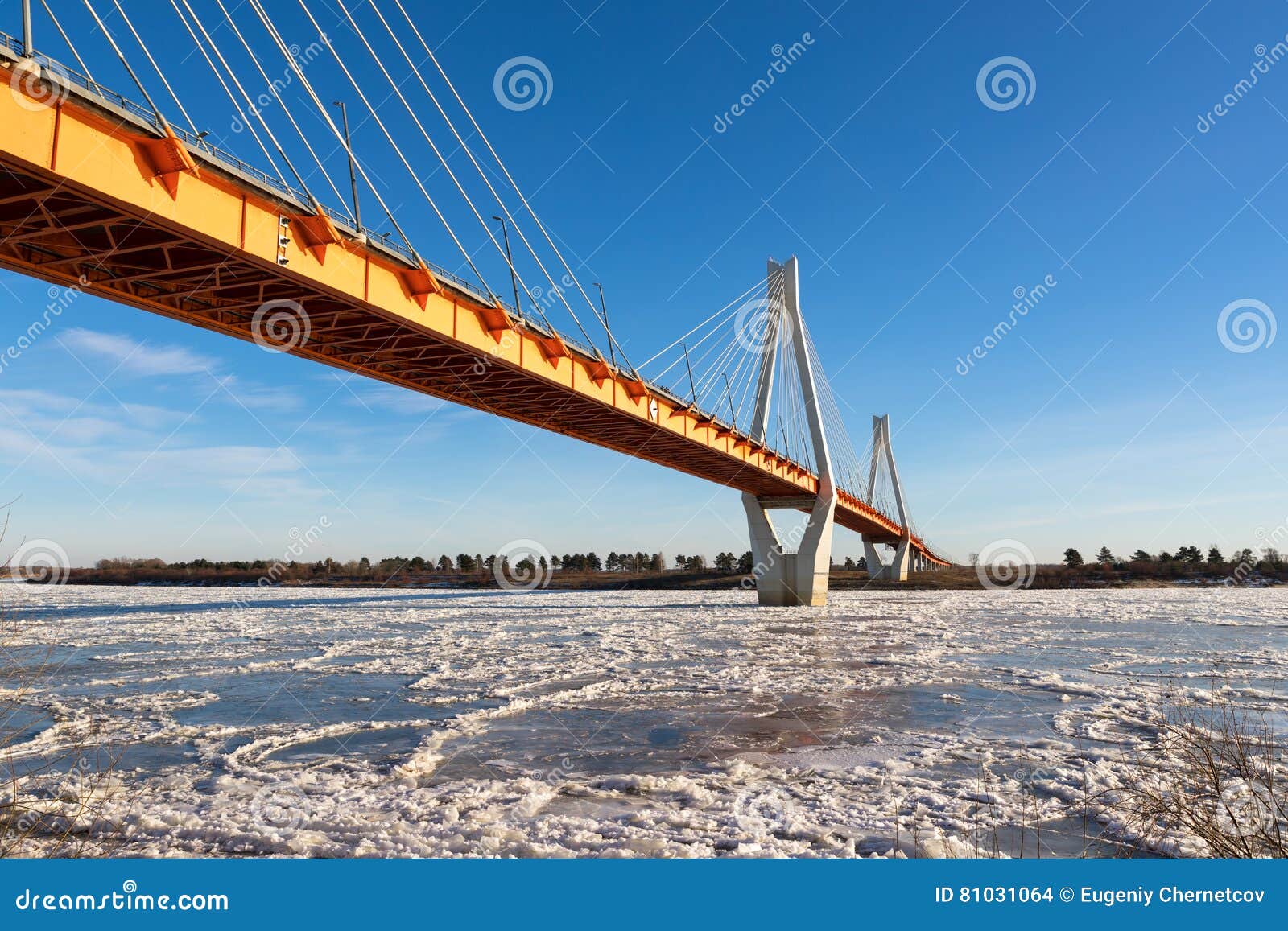 Modern Bridge Over the Frozen River Stock Photo - Image of snow, road ...