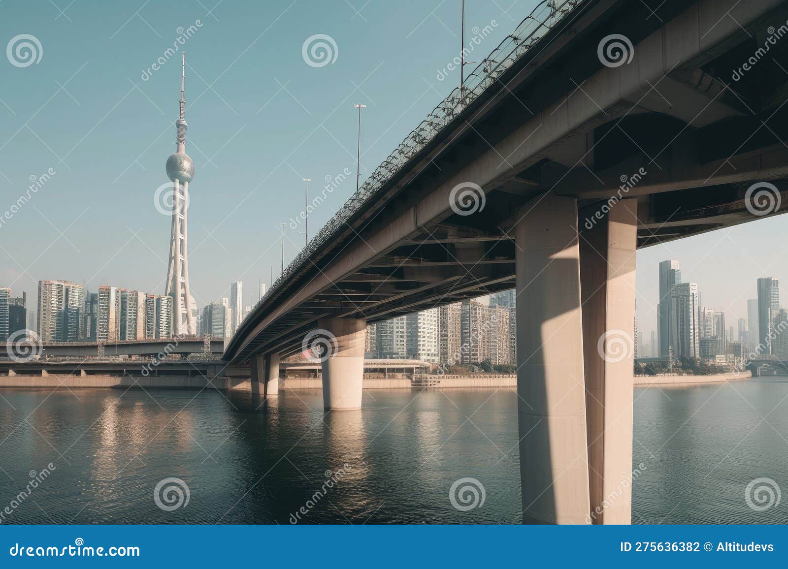 Modern Bridge, with View of City Skyline and River, in Bustling ...