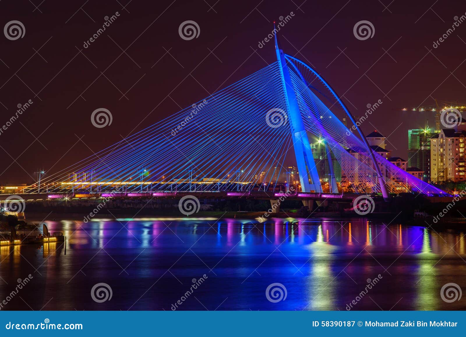 Modern Bridge Viewed at Night Stock Image - Image of light, reflection ...