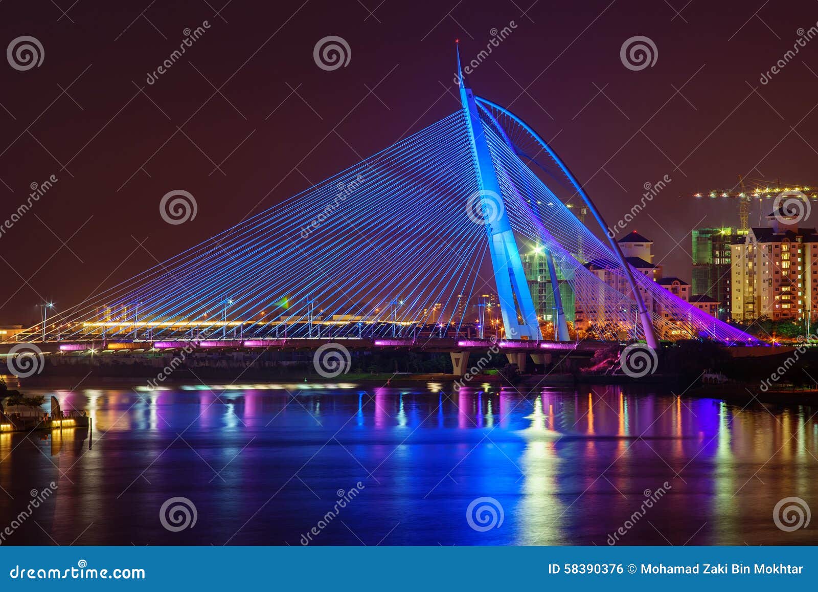 Modern Bridge Viewed at Night Stock Photo - Image of green, suspension ...