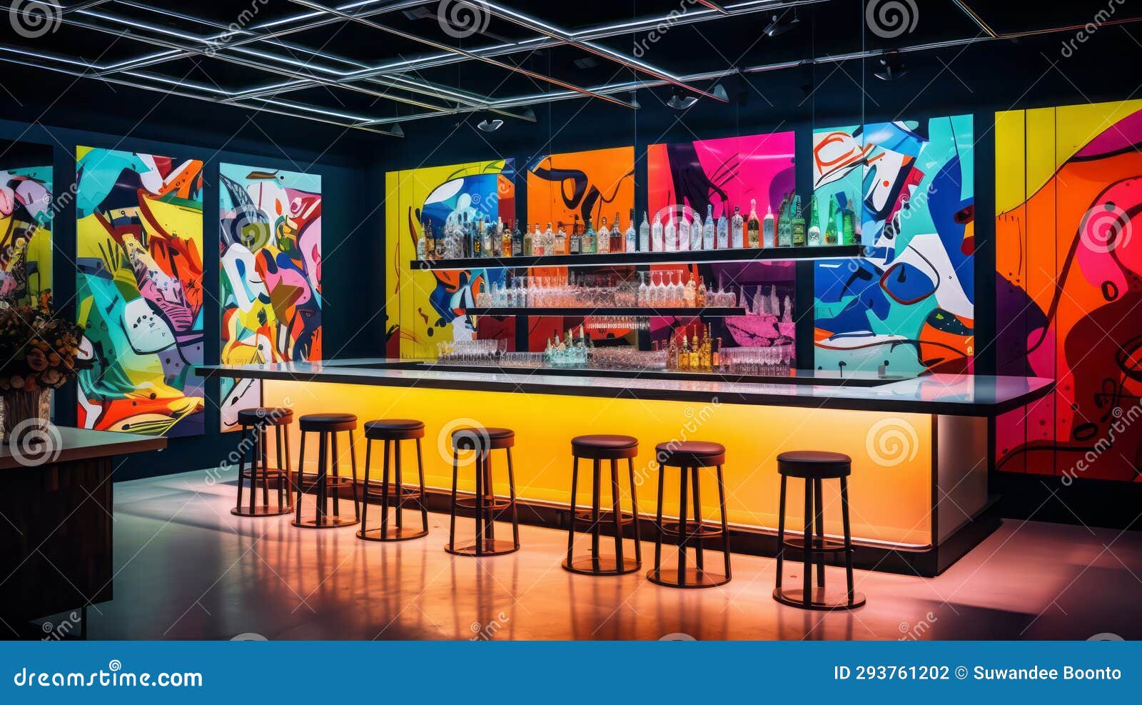 Modern Bright Bar Interiors with Art Wallpaper Stock Illustration ...