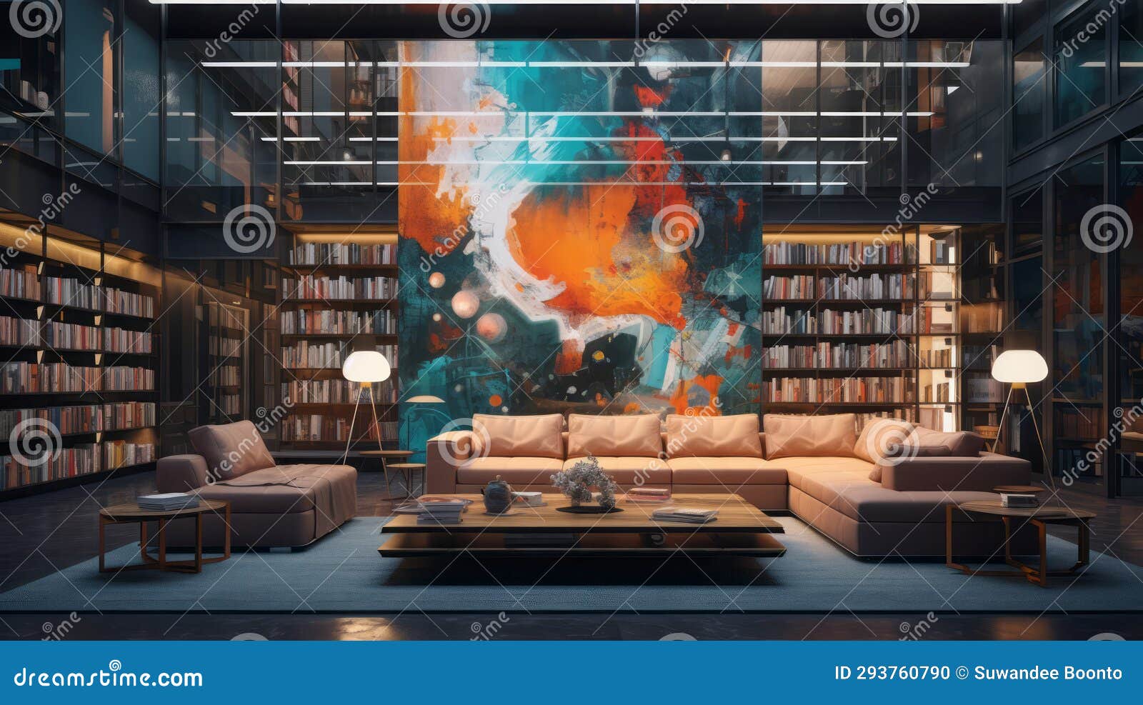 Modern Bright Book Room Interiors with Art Wallpaper Stock Illustration ...