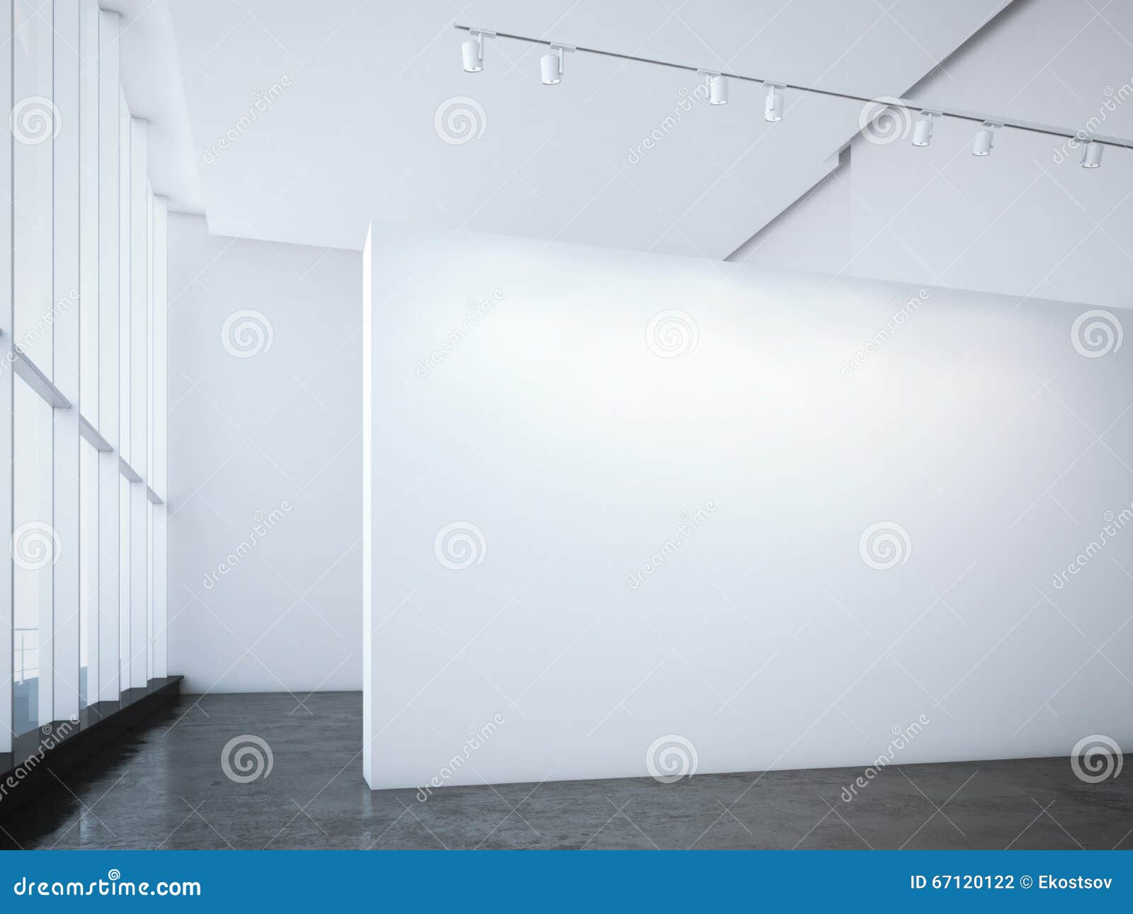Modern Bright Gallery with White Wall and Spotlights. 3d Rendering ...