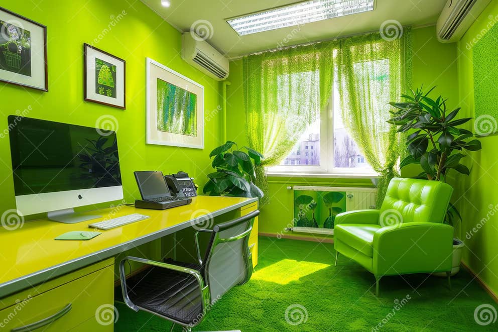 Modern Bright Green Office with Work Desk and Computer Screen AI ...