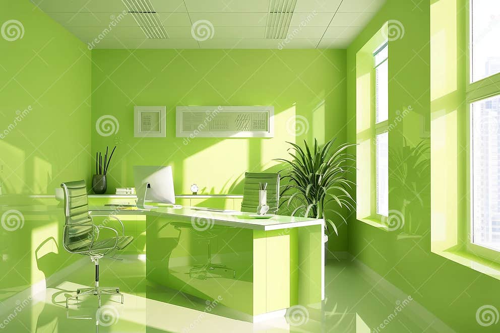 Modern Bright Green Office with Work Desk and Computer Screen AI ...