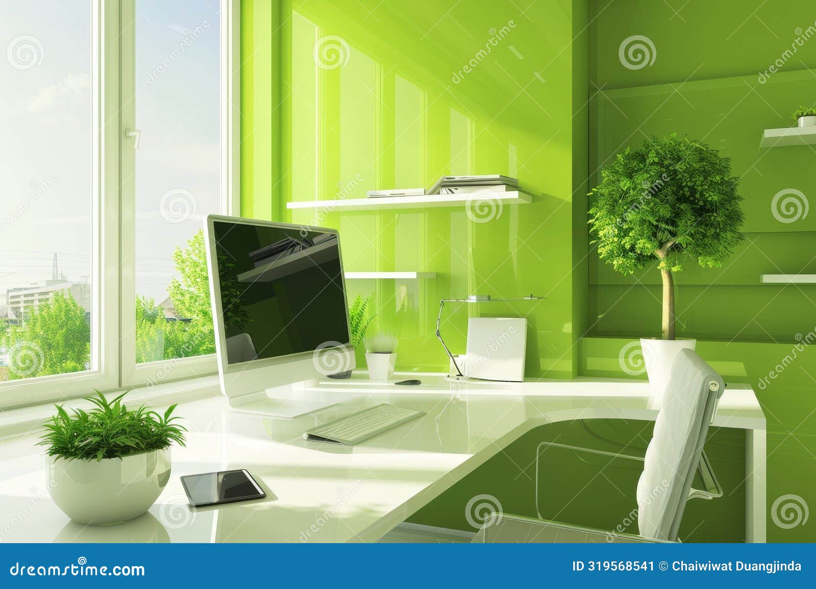Modern Bright Green Office with Work Desk and Computer Screen AI ...