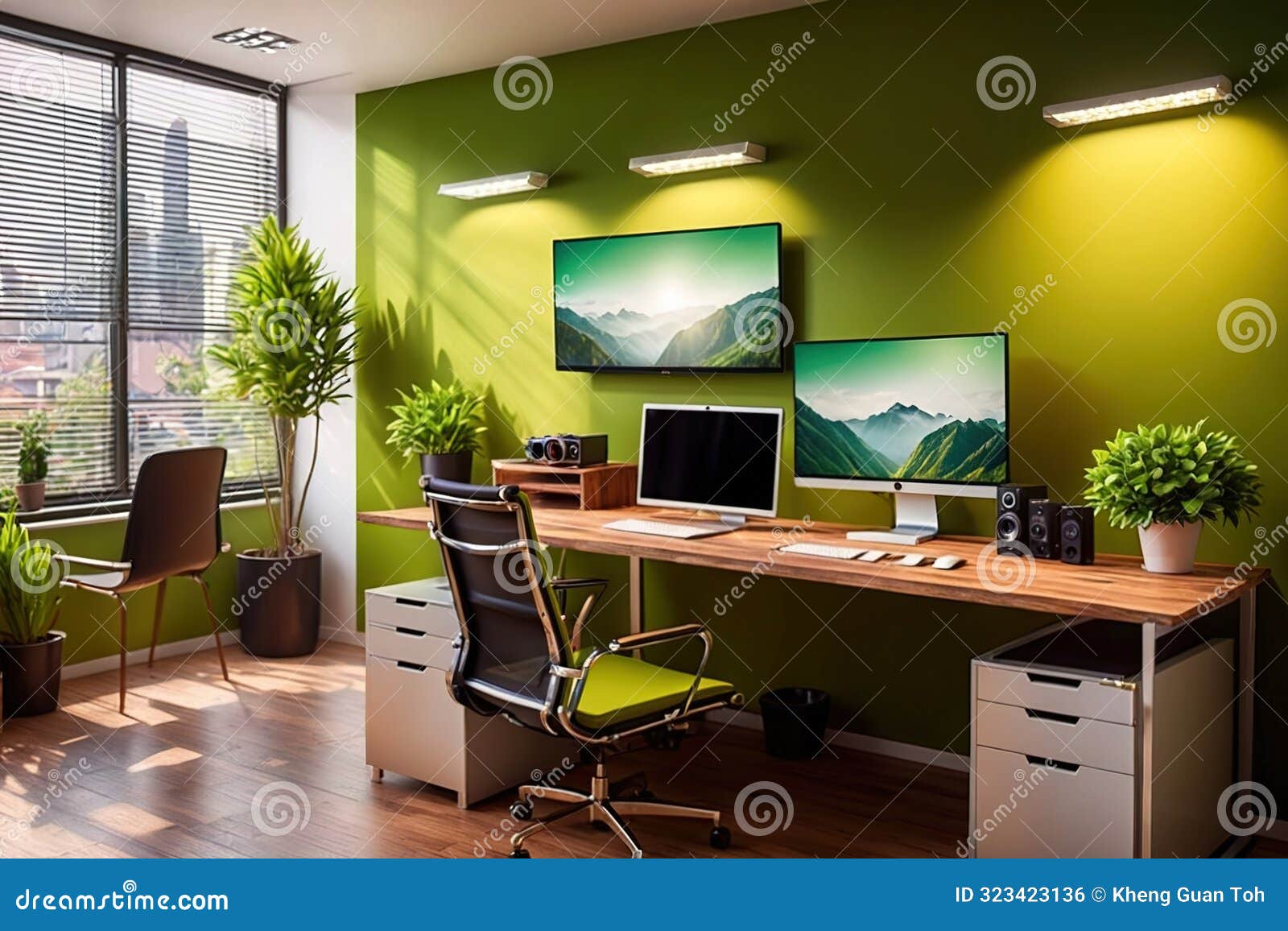 Modern Bright Green Office with Work Desk and Computer Screen Stock ...