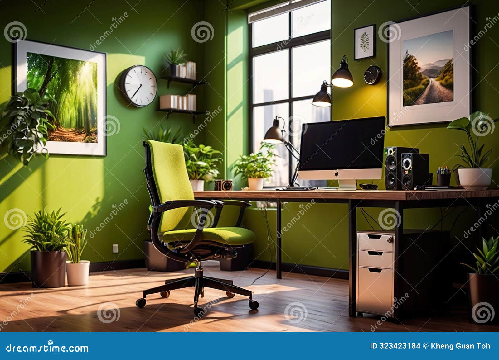 Modern Bright Green Office with Work Desk and Computer Screen Stock ...