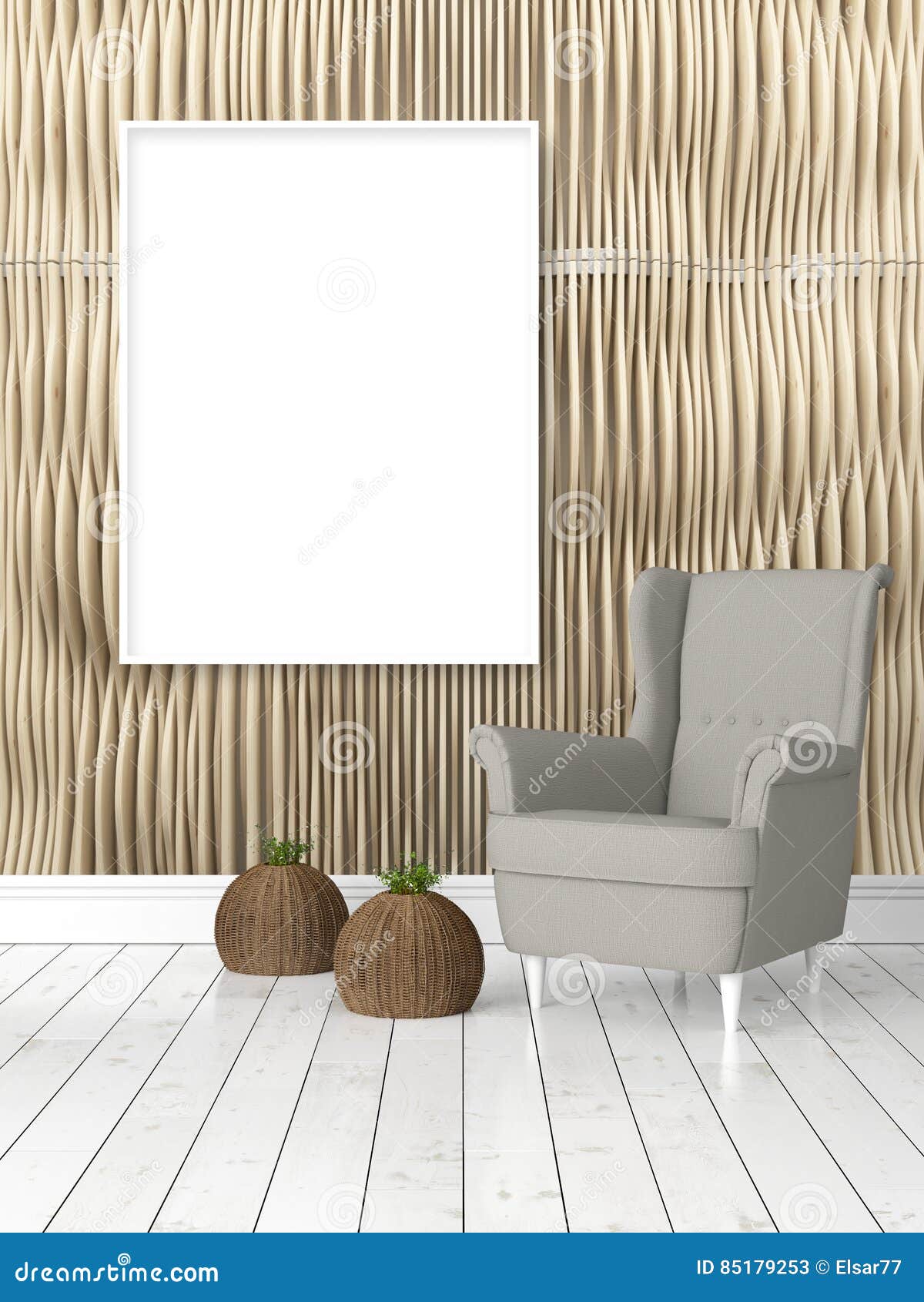 Modern Bright Interior with Empty Frame . 3D Rendering Stock Illustration - Illustration of ...