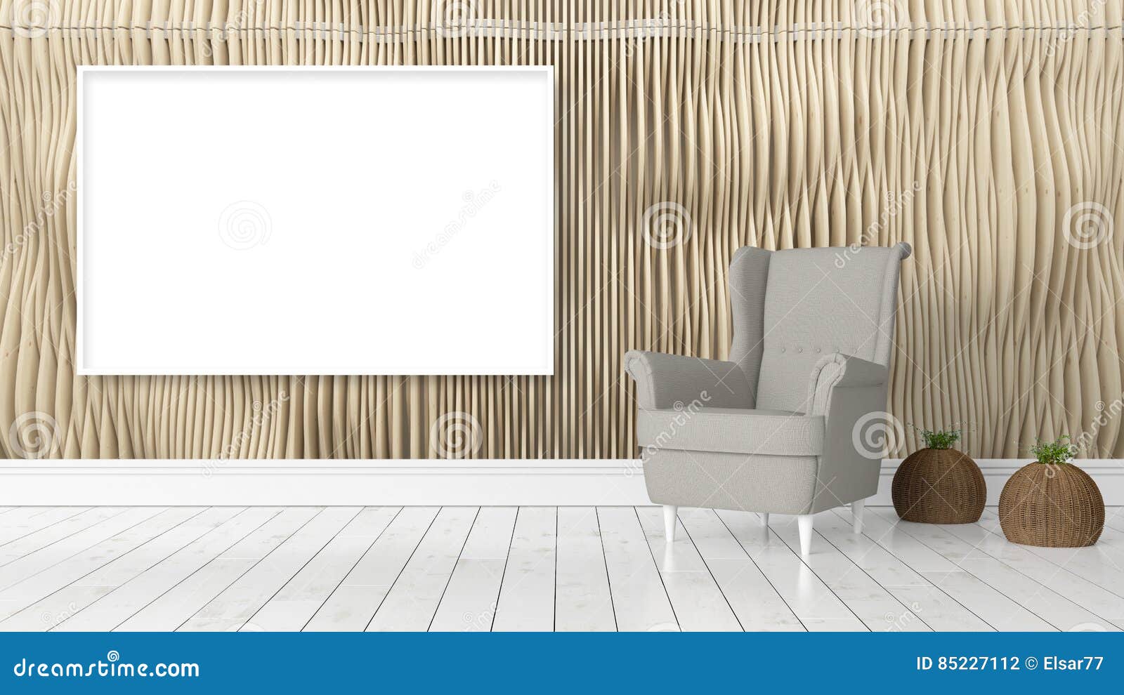 Modern Bright Interior with Empty Frame . 3D Rendering Stock Illustration - Illustration of ...