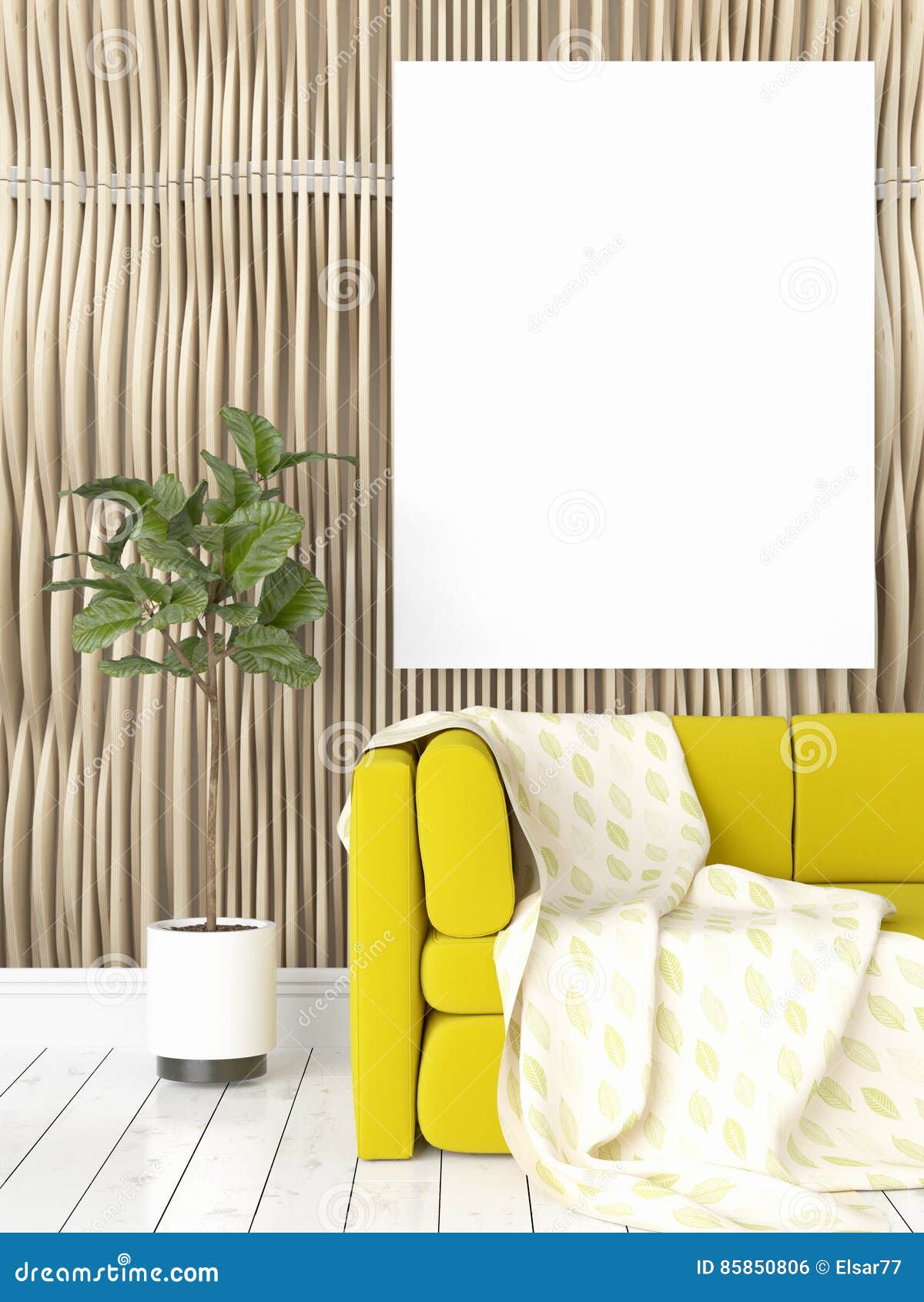 Modern Bright Interior with Empty Frame . 3D Rendering Stock Illustration - Illustration of ...