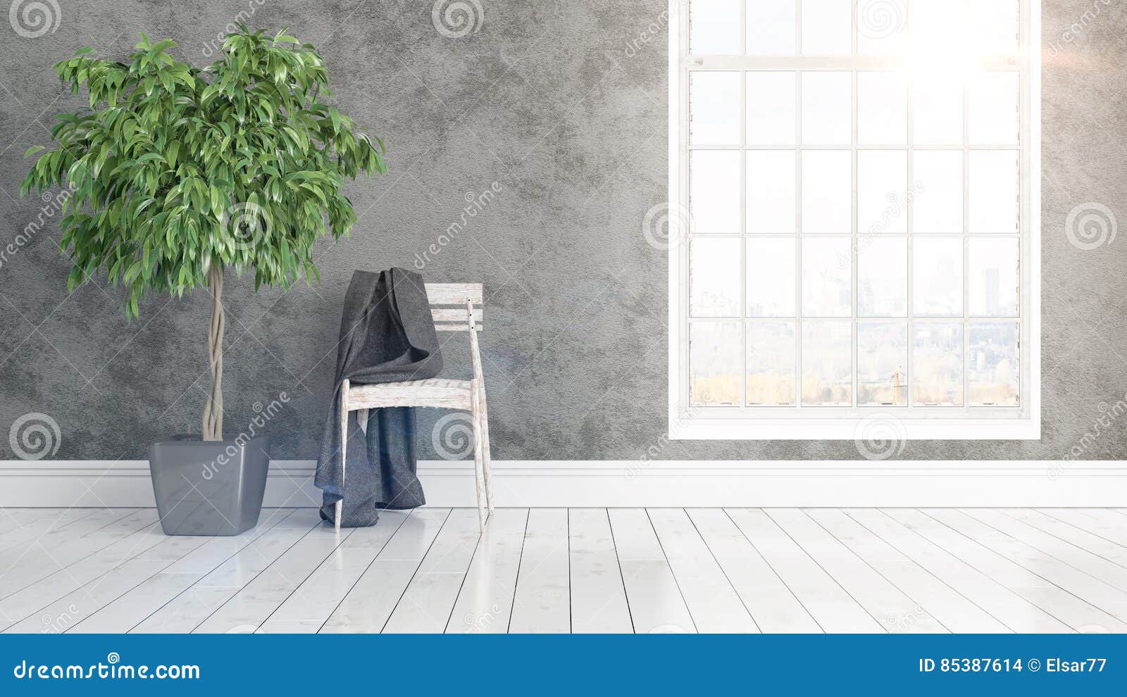 Modern Bright Interior with Large Window . 3D Rendering Stock ...