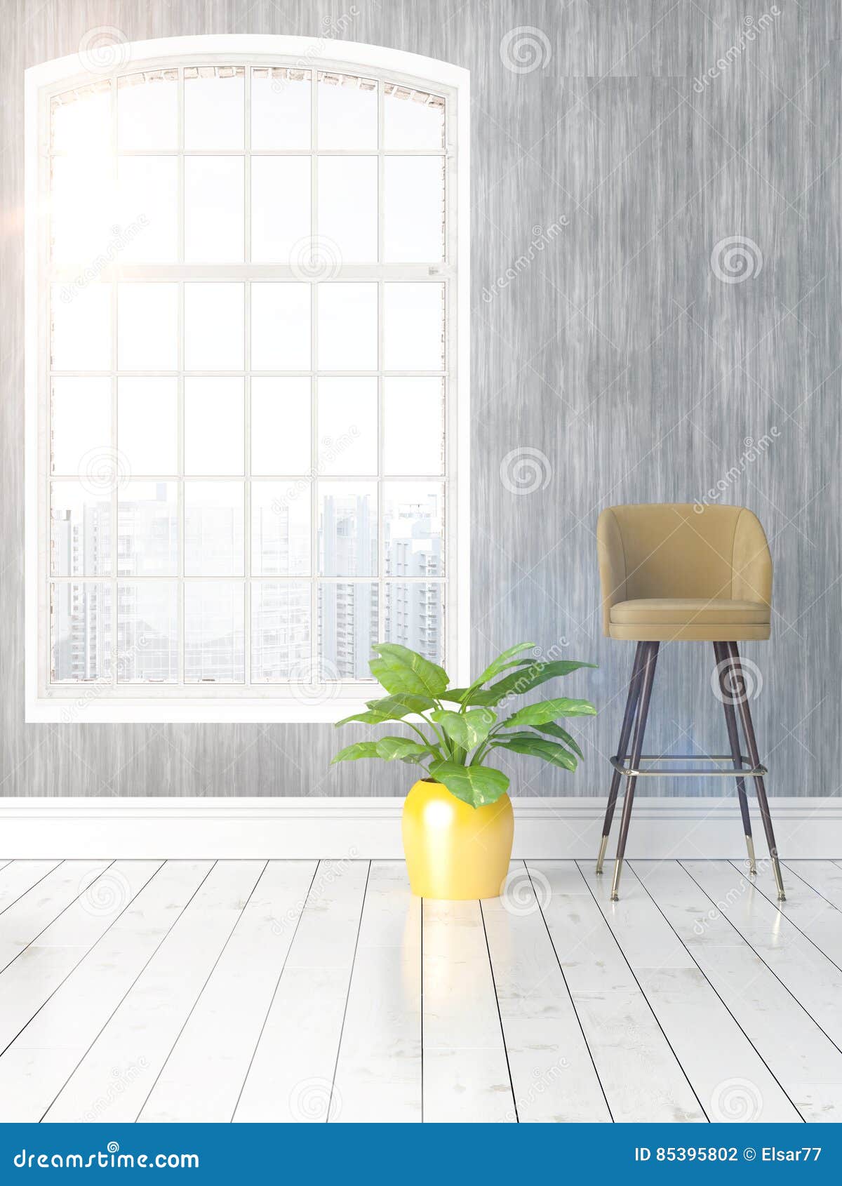 Modern Bright Interior with Large Window . 3D Rendering Stock ...