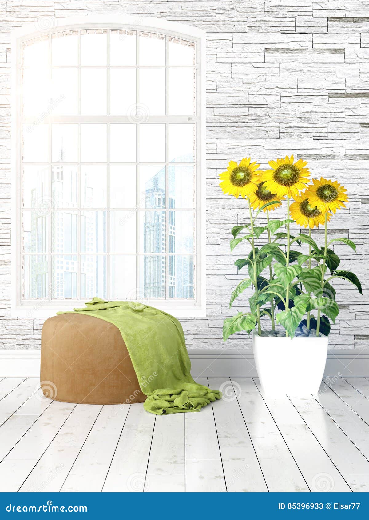 Modern Bright Interior with Large Window . 3D Rendering Stock ...