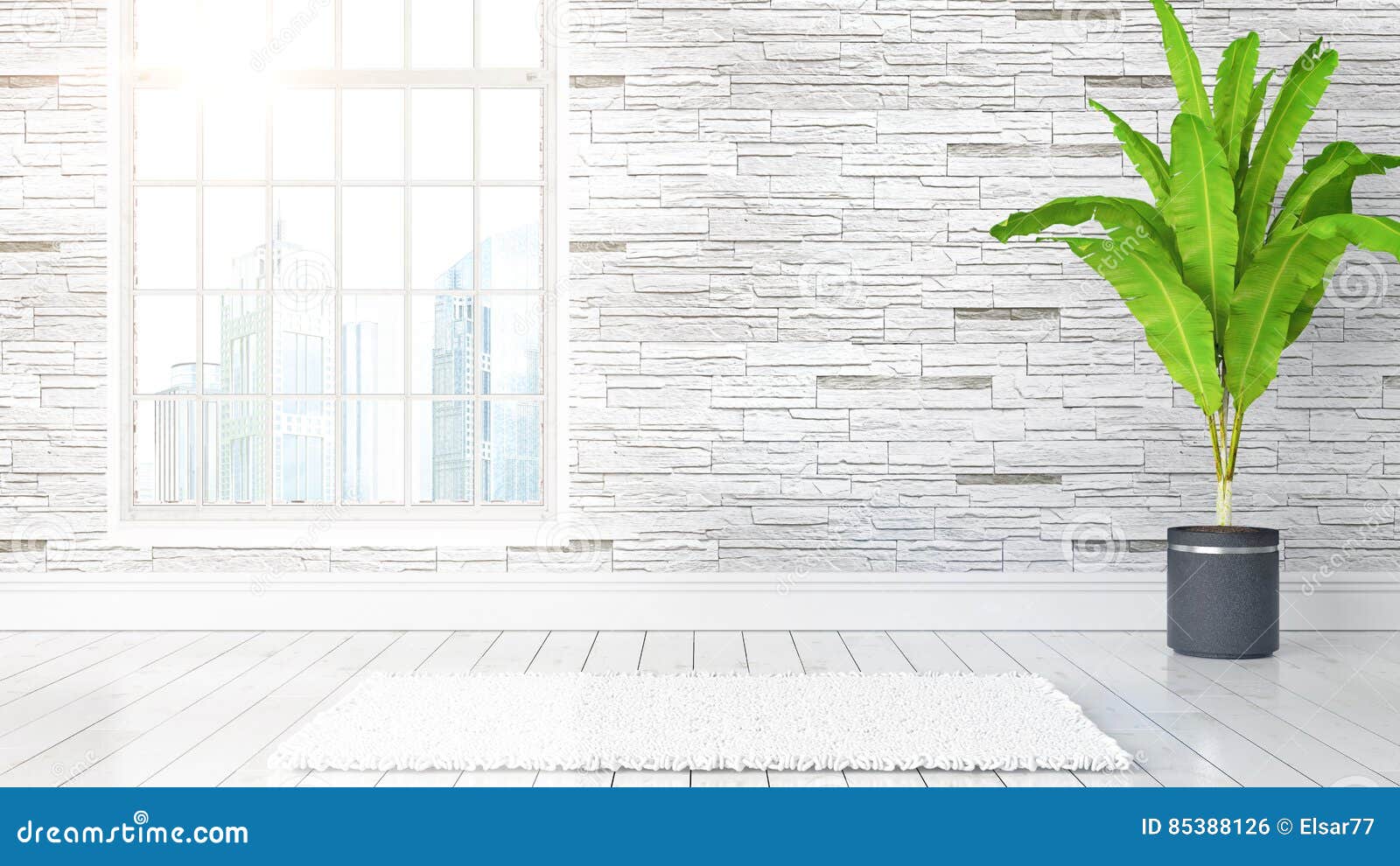 Modern Bright Interior with Large Window . 3D Rendering Stock ...