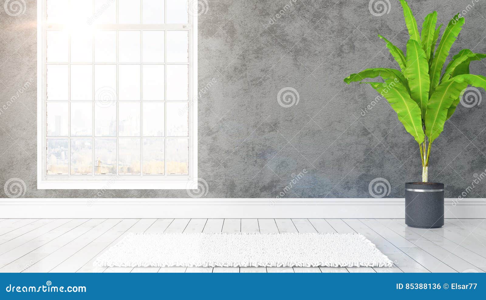 Modern Bright Interior with Large Window . 3D Rendering Stock ...