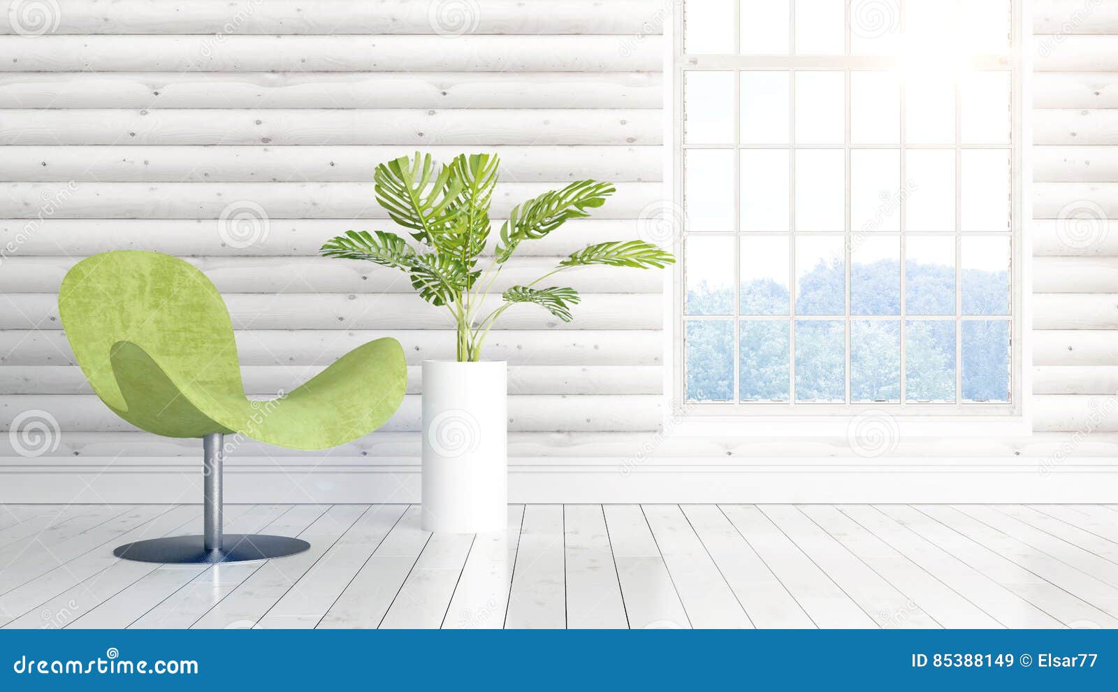 Modern Bright Interior with Large Window . 3D Rendering Stock ...