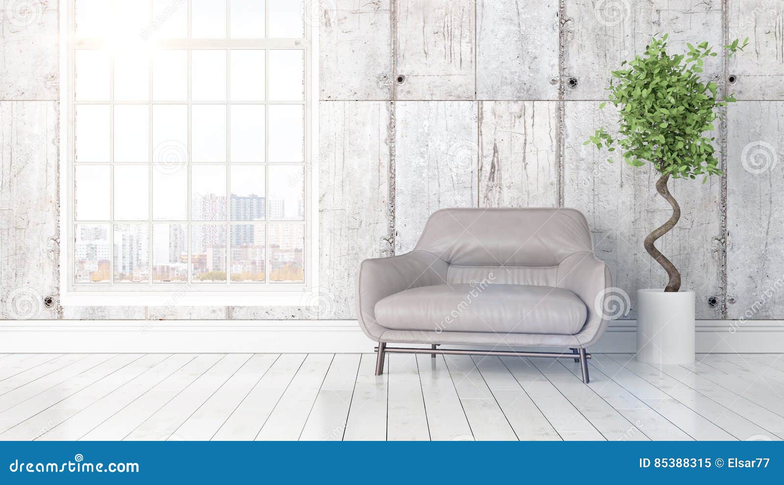 Modern Bright Interior with Large Window . 3D Rendering Stock ...