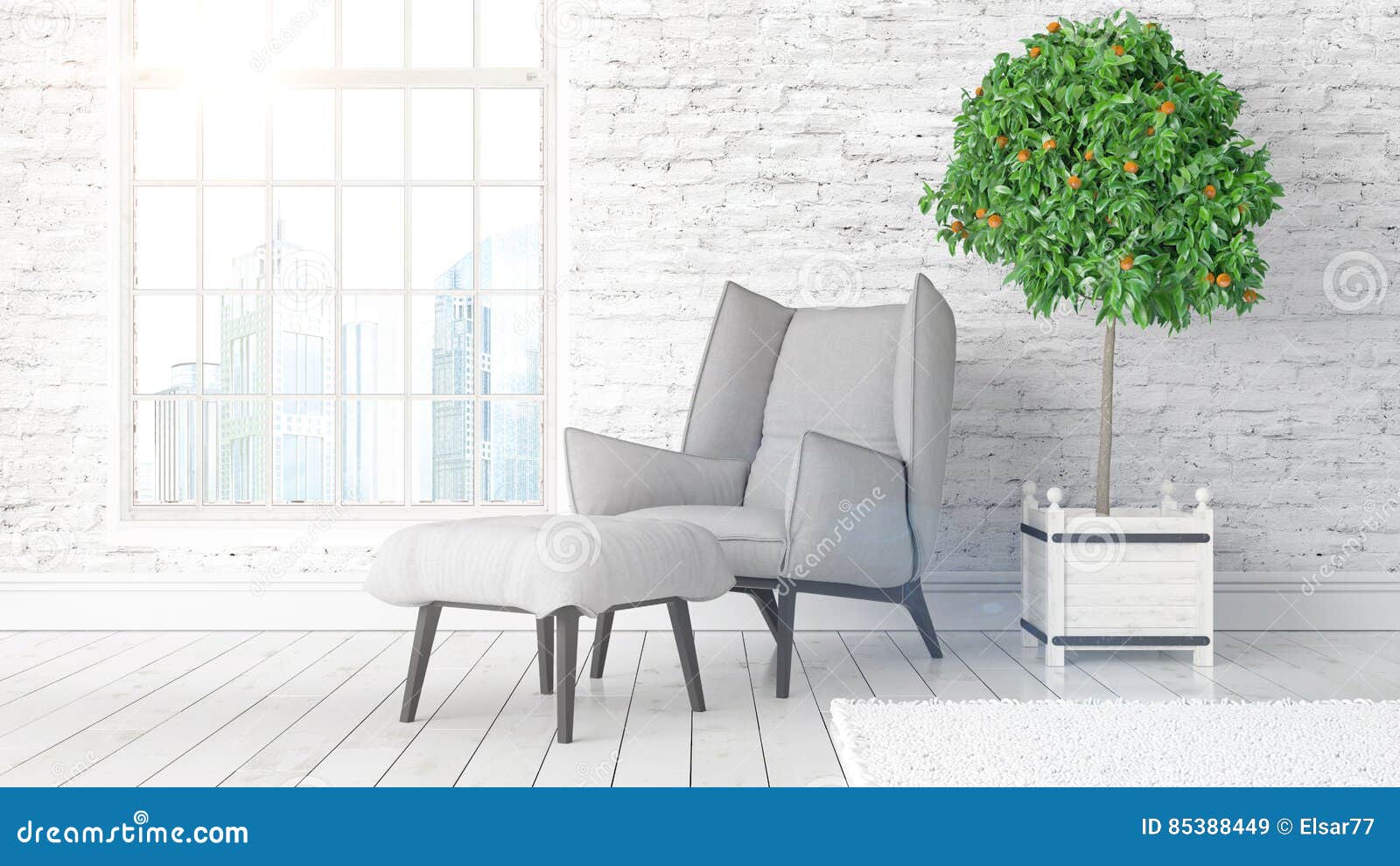 Modern Bright Interior with Large Window . 3D Rendering Stock ...