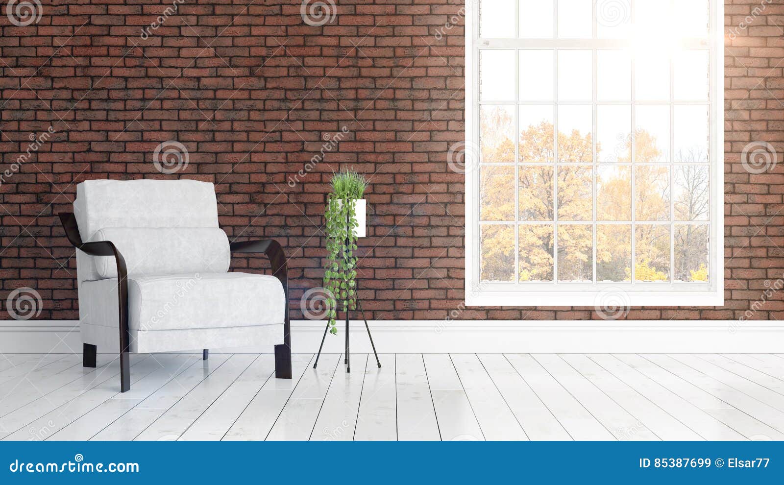 Modern Bright Interior with Large Window . 3D Rendering Illustration ...