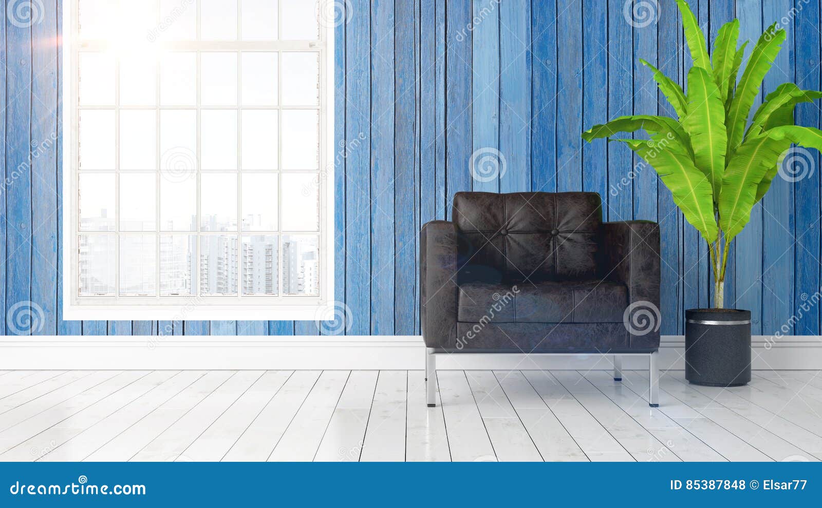 Modern Bright Interior with Large Window . 3D Rendering Illustration ...