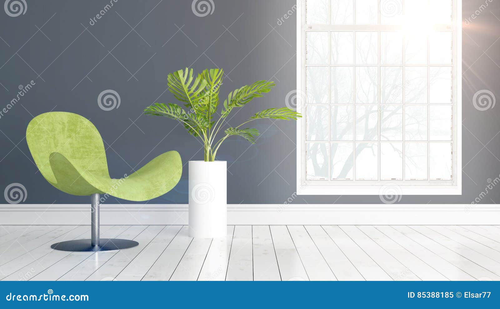 Modern Bright Interior with Large Window . 3D Rendering Illustration ...