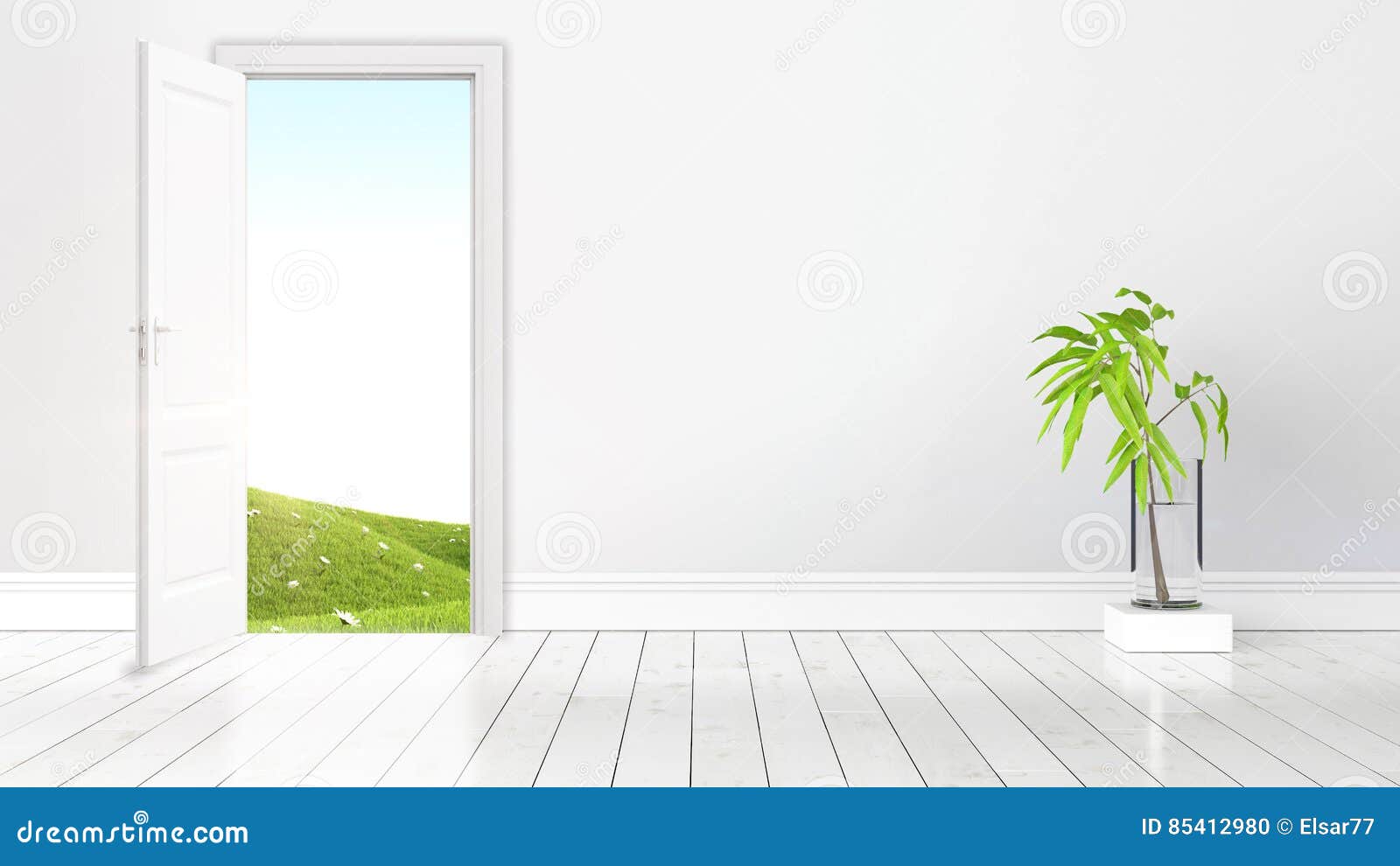 Modern Bright Interior with Open Door . 3D Rendering Stock Illustration ...