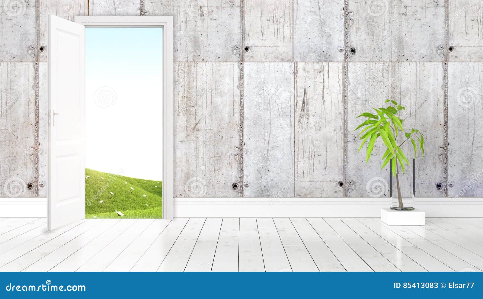 Modern Bright Interior with Open Door . 3D Rendering Stock Illustration ...