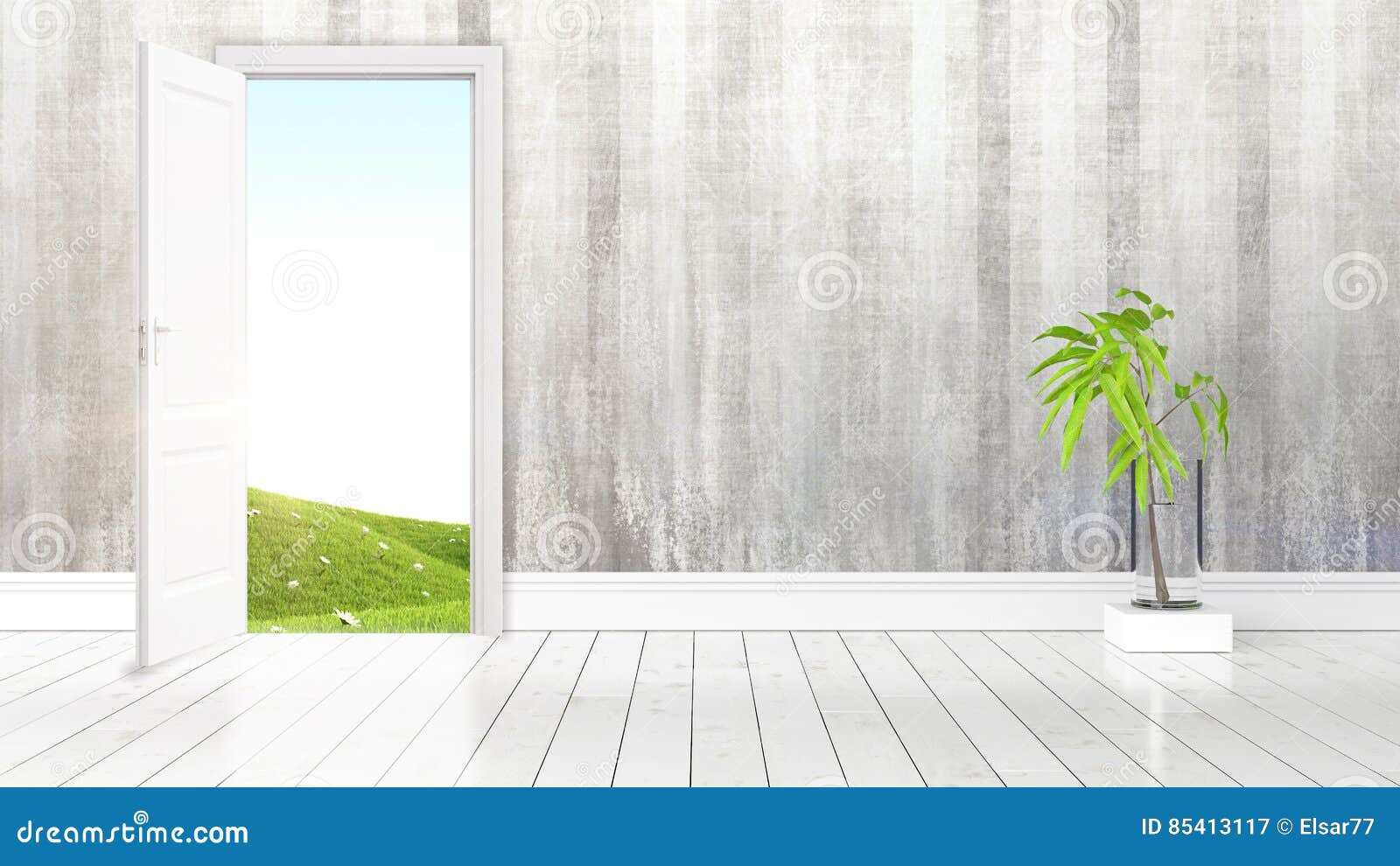 Modern Bright Interior with Open Door . 3D Rendering Stock Illustration ...
