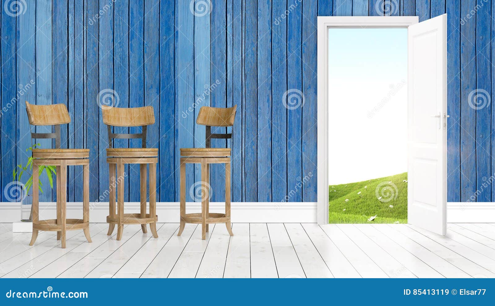 Modern Bright Interior with Open Door . 3D Rendering Stock Illustration ...